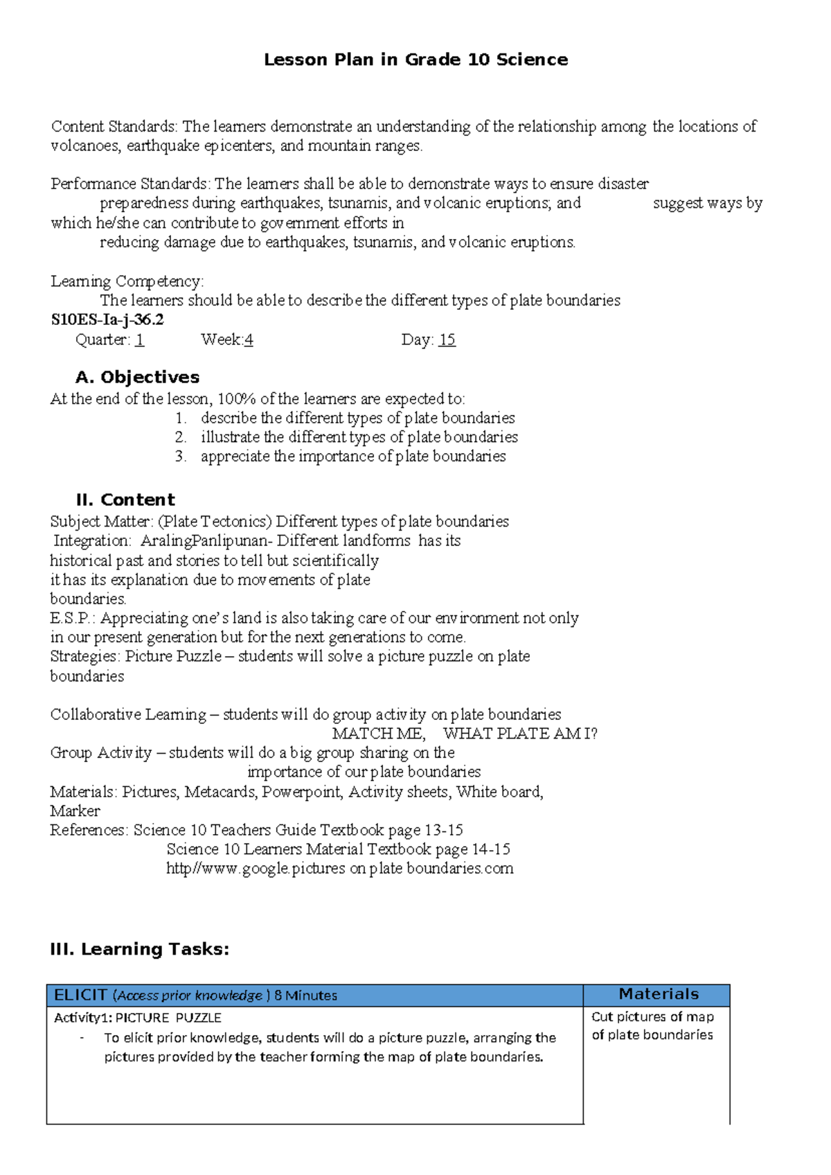 Lesson Plan Plate Tectonics - Lesson Plan in Grade 10 Science Content ...