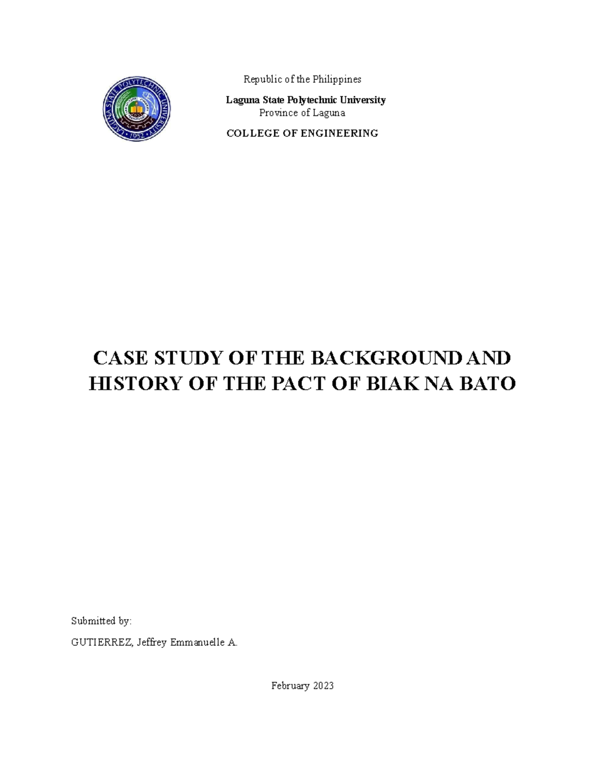 CASE Study OF THE Background AND History OF THE PACT OF BIAK NA BATO ...