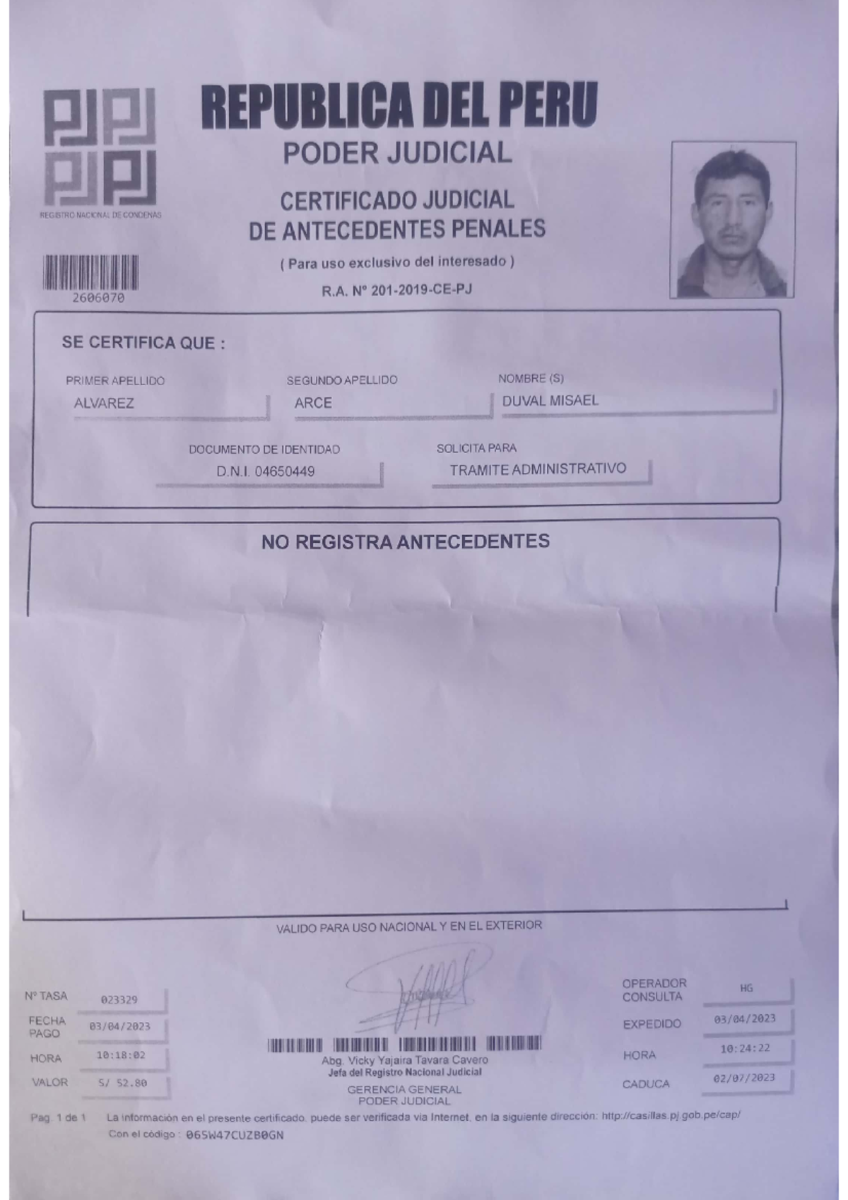 Antecedente Penal - Nnn - PIP REPUBLICA DEL PERU PODER JUDICIAL PIPI ...