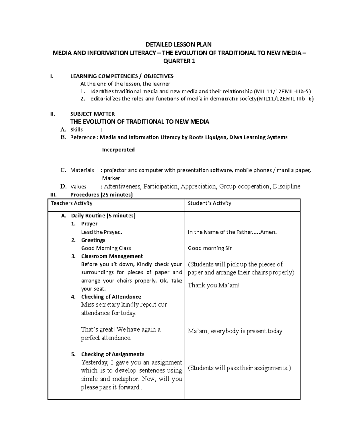Detailed lesson plan mil - DETAILED LESSON PLAN MEDIA AND INFORMATION ...