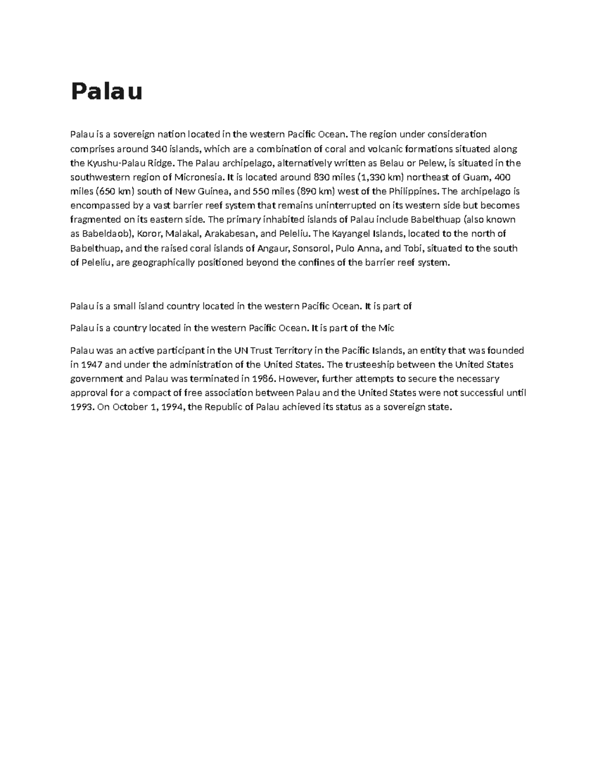 Palau - NOTES - Palau Palau is a sovereign nation located in the ...