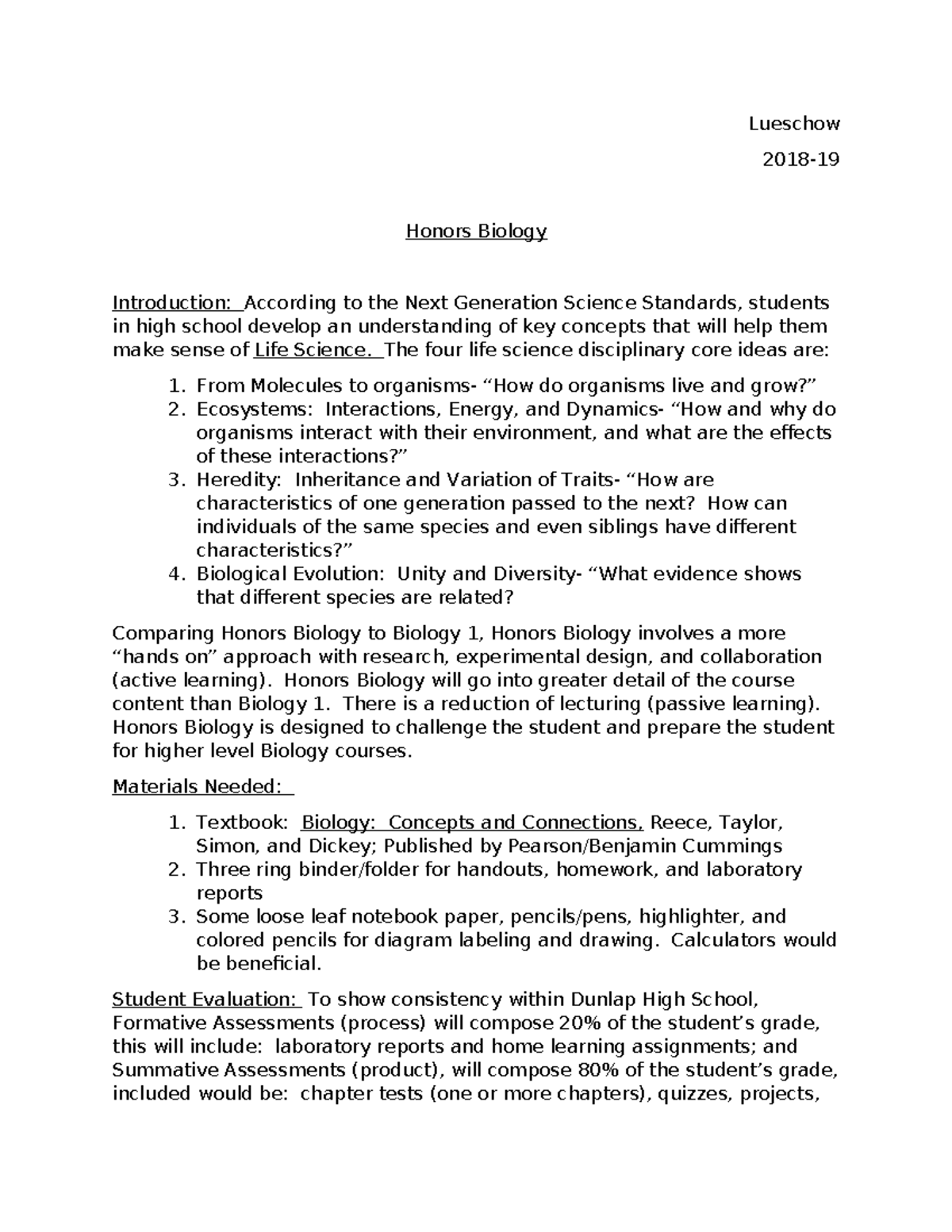 H. Biology syllabus-1 - asdfasdf - Lueschow 2018- Honors Biology ...