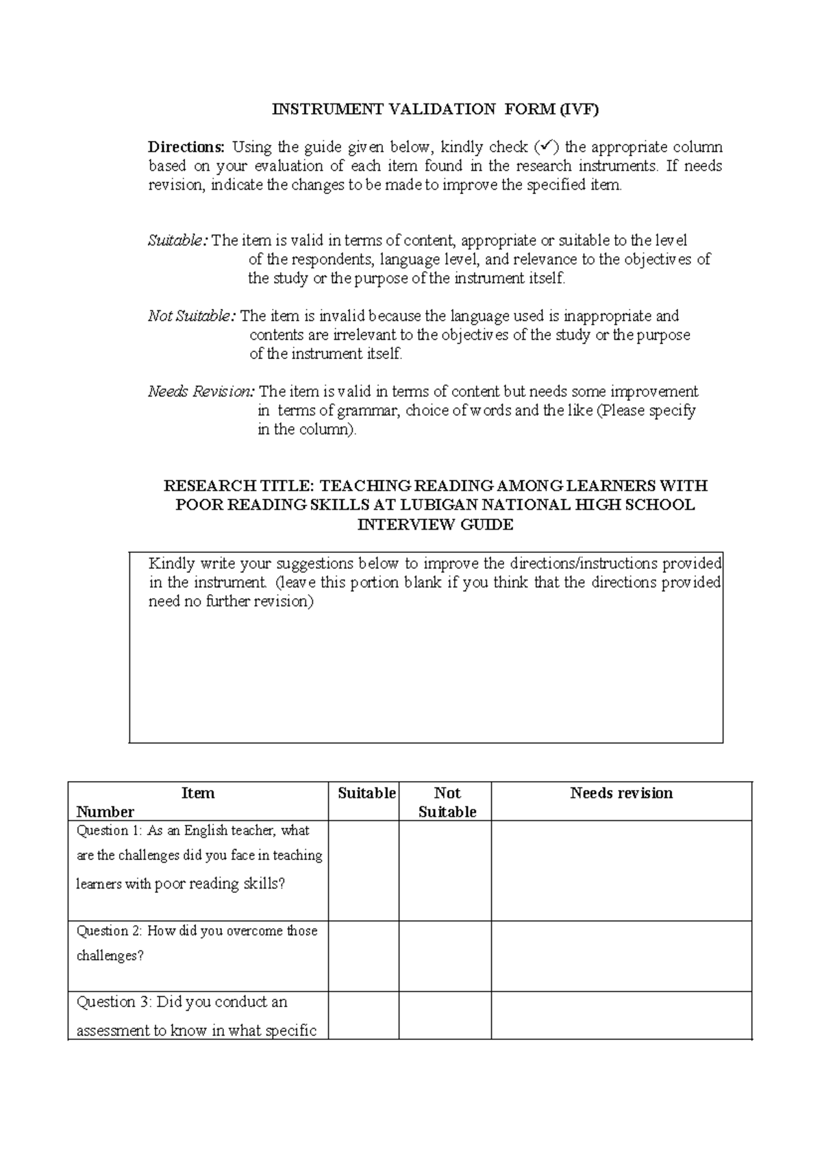 Getalla - INSTRUMENT VALIDATION FORM (IVF) Directions: Using the guide ...