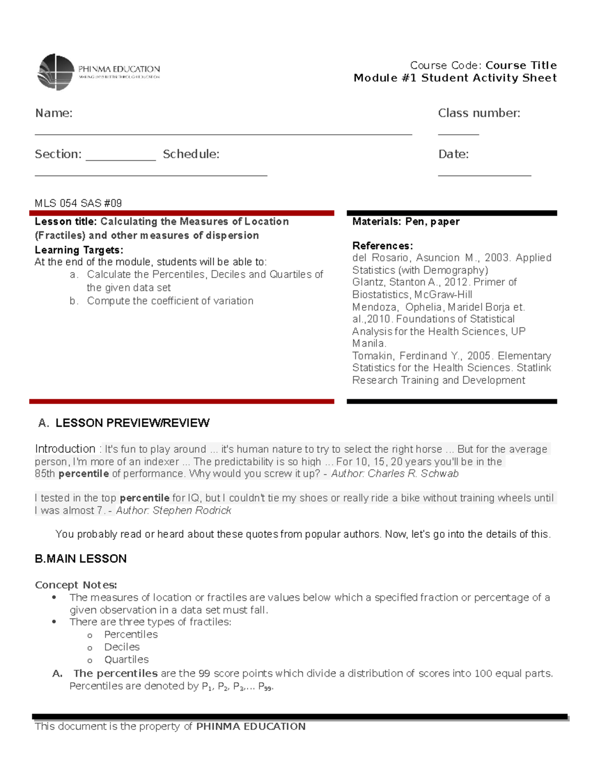 MLS 054 SAS #09 - Stat - Module #1 Student Activity Sheet Name: - Studocu