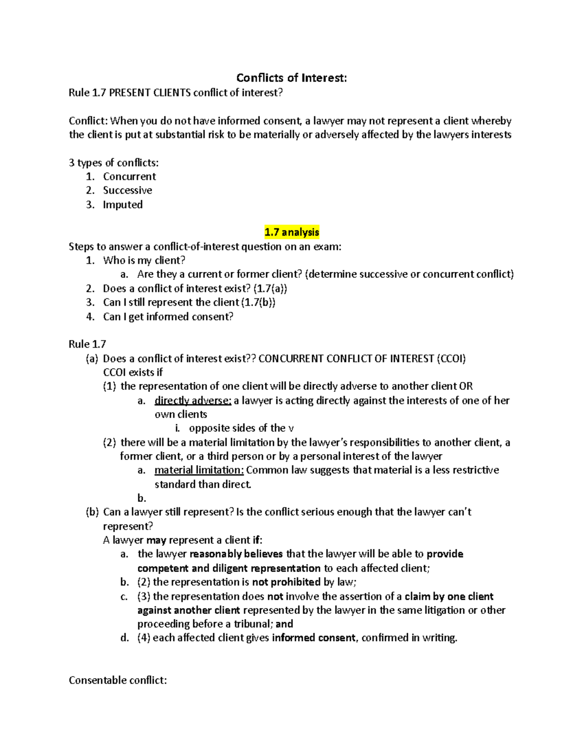 PR conflicts - professional responsibility/ethics outline - Conflicts of Interest: Rule 1 ...