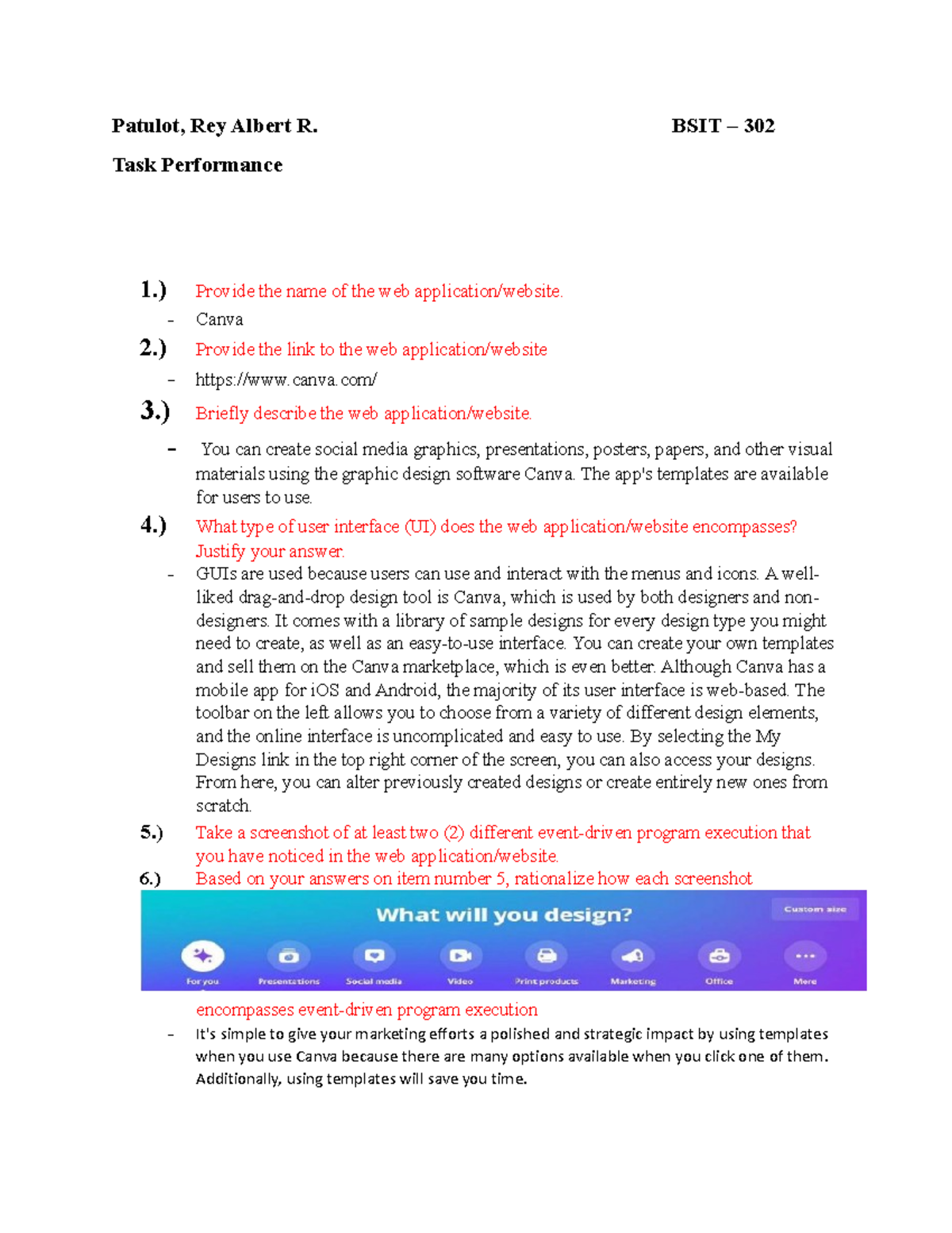 Patulot HCI Ptask - Patulot, Rey Albert R. BSIT – 302 Task Performance 1.) Provide the name of ...