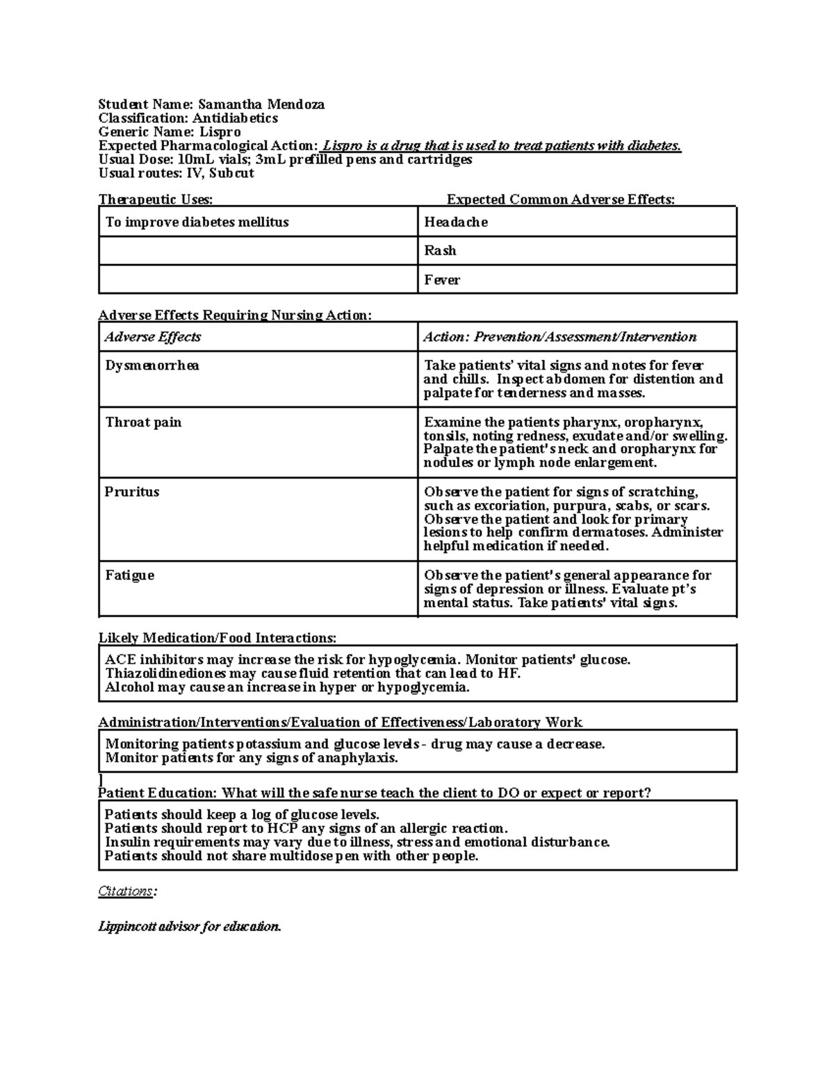 Lispro Drug Card - Student Name: Samantha Mendoza Classification ...