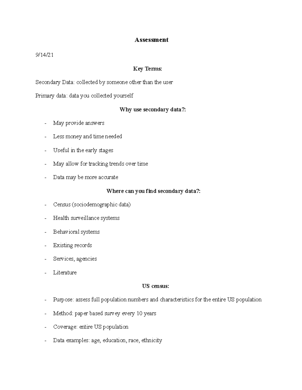 PUBH 3200 Assessment Notes - Assessment 9/14/ Key Terms: Secondary Data ...