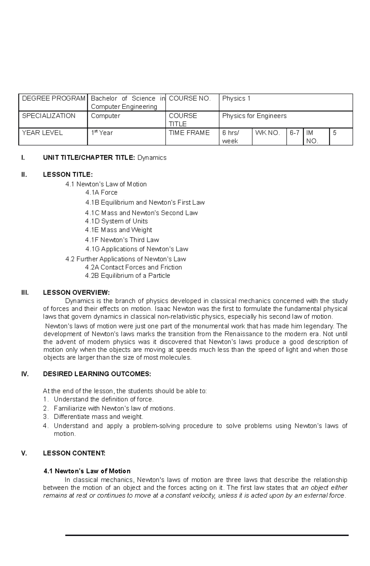 Physics for Engineers IM5 - DEGREE PROGRAM Bachelor of Science in ...