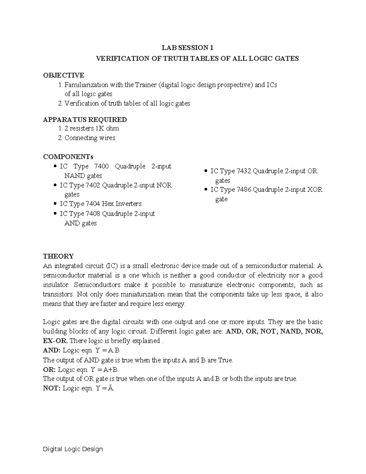 DLD LAB 1 - Lab manual - Digital Logic Design LAB SESSION 1 ...