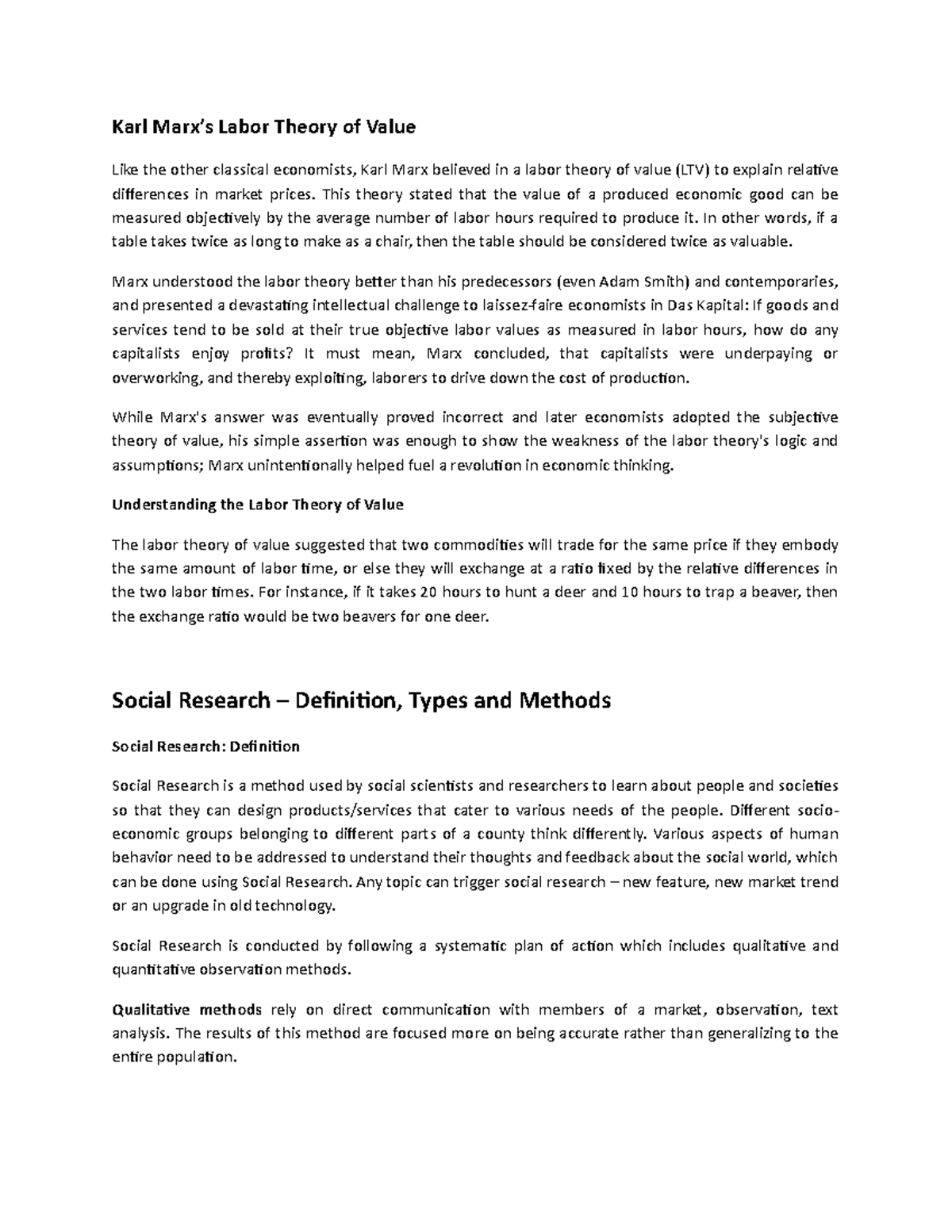 Sociology Notes - Karl Marx’s Labor Theory of Value Like the other ...