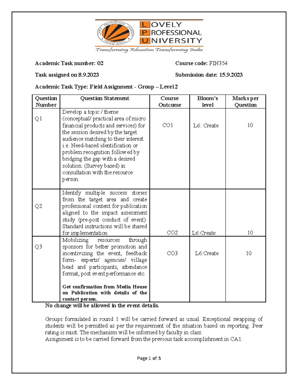 A1277906619 12512 8 2023 FIN354 Assignment CA2 - Academic Task number: 02 Course code: FIN Task ...