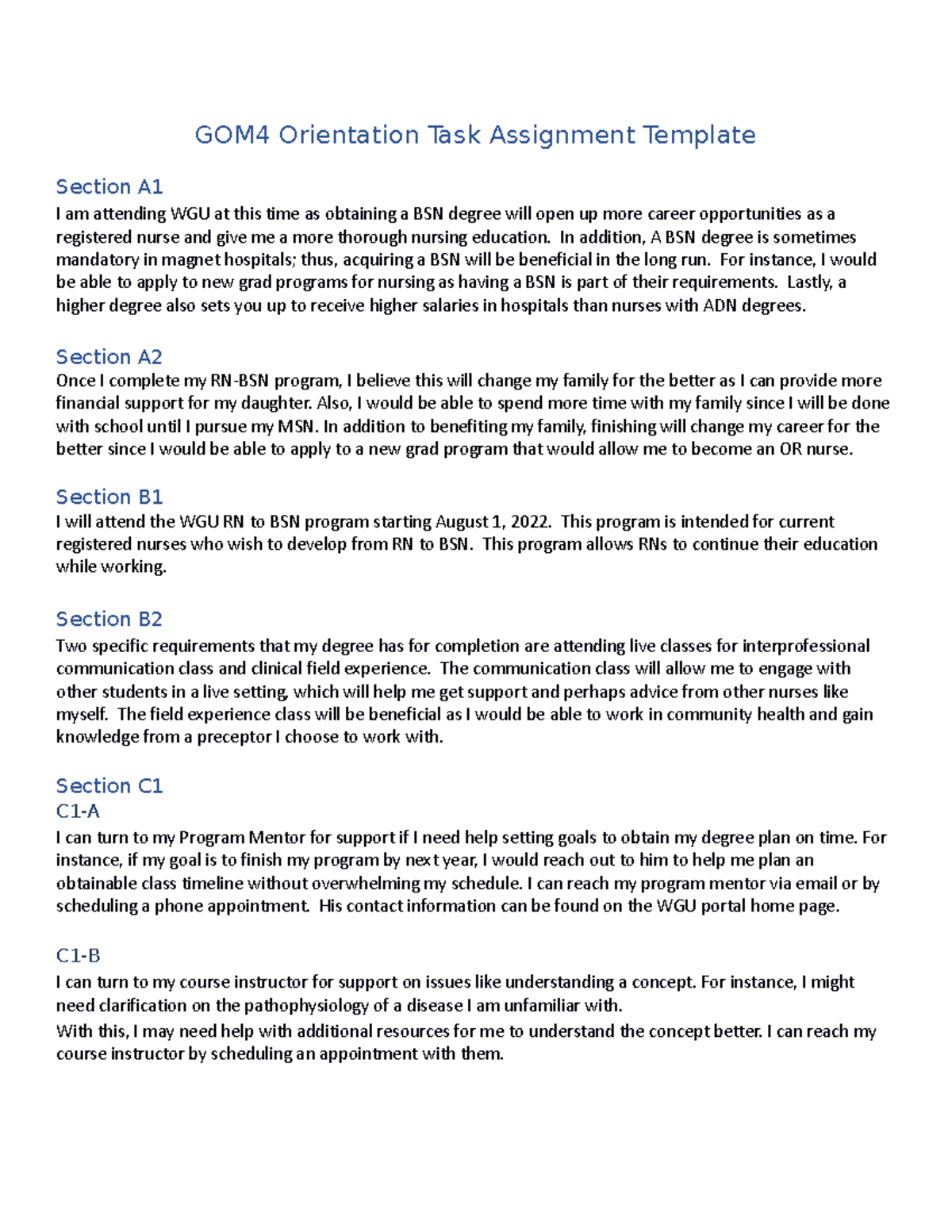 Orientation Task Questionnaire - GOM4 Orientation Task Assignment ...