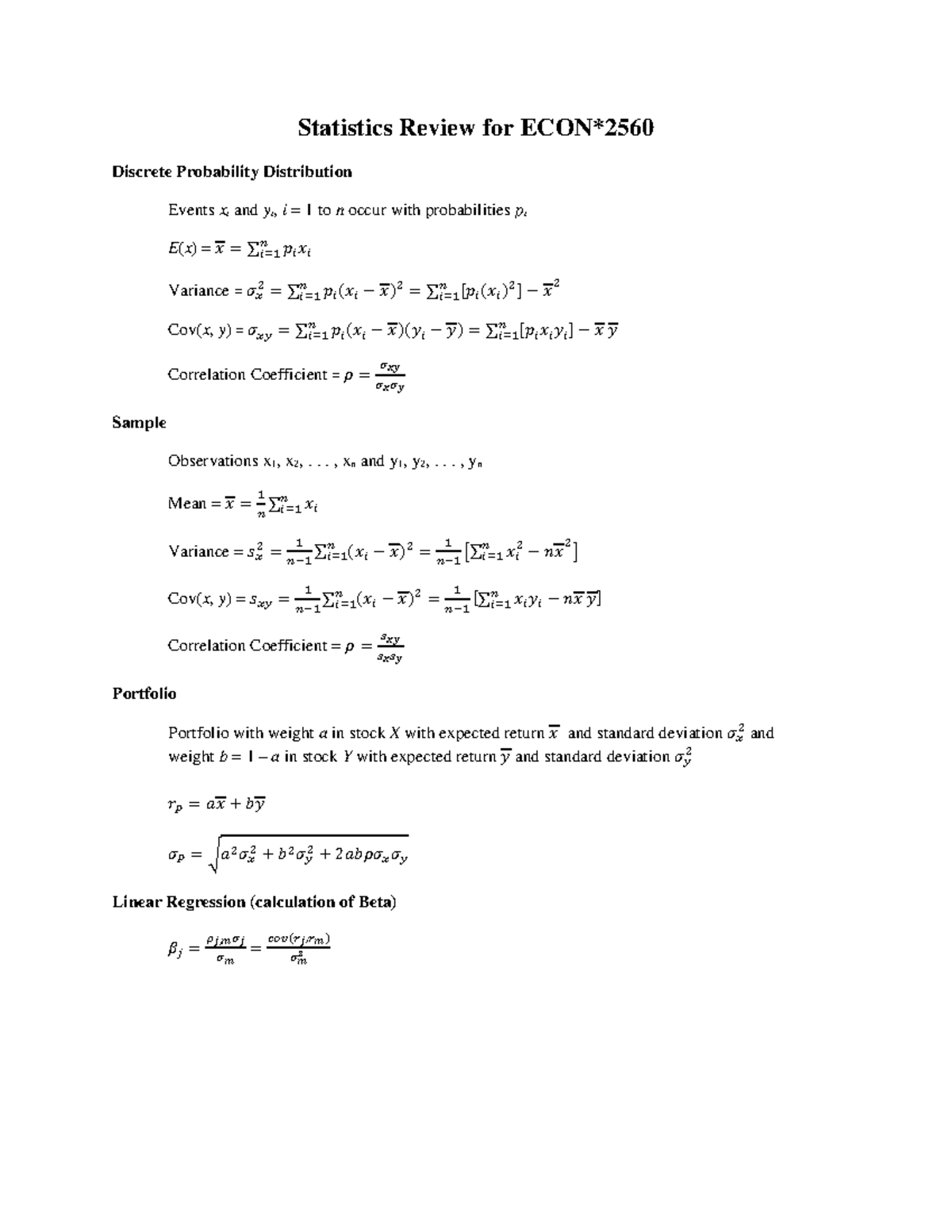 Statistics Review Sheet - Statistics Review for ECON* Discrete ...