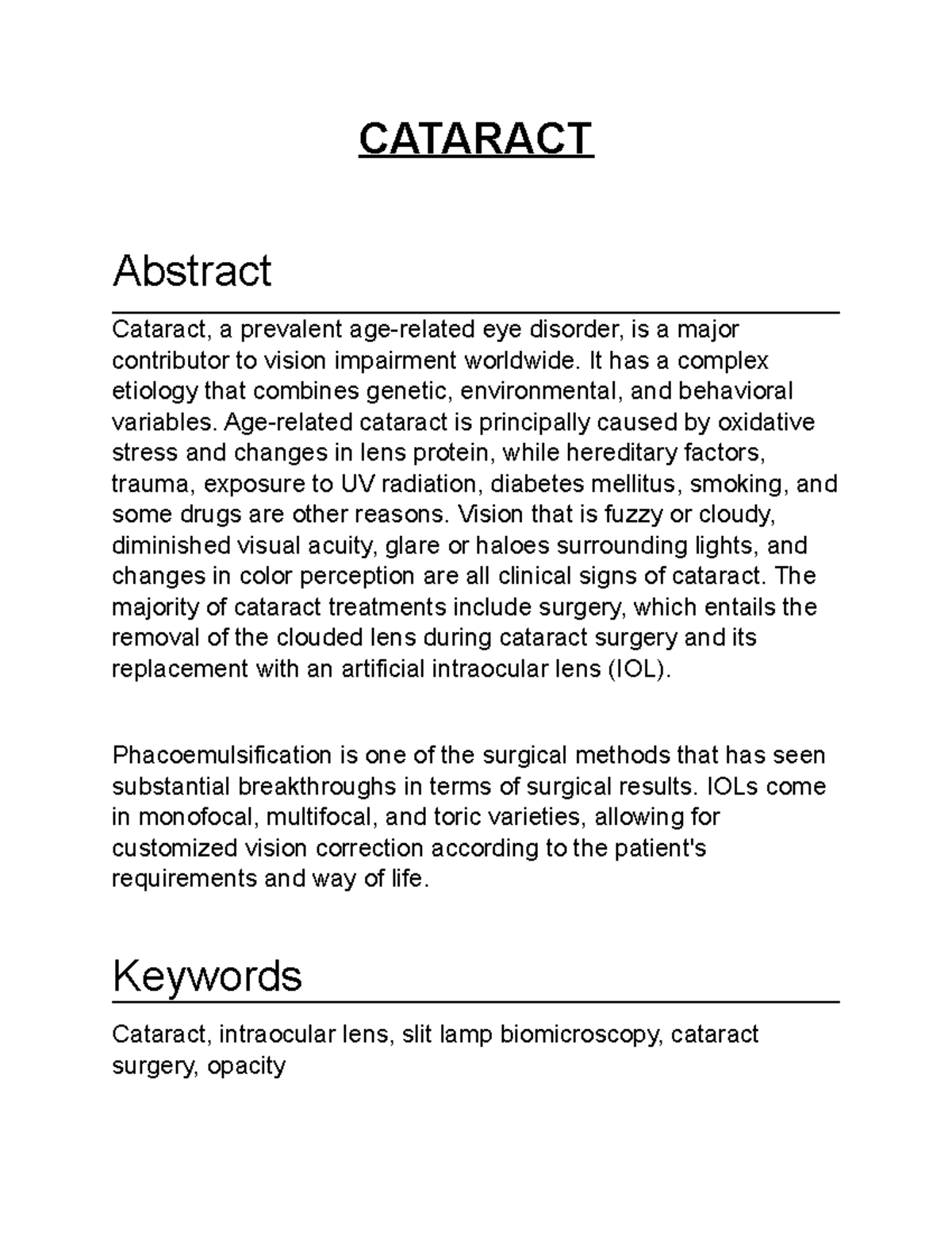 Cataract full - CATARACT Abstract Cataract, a prevalent age-related eye ...