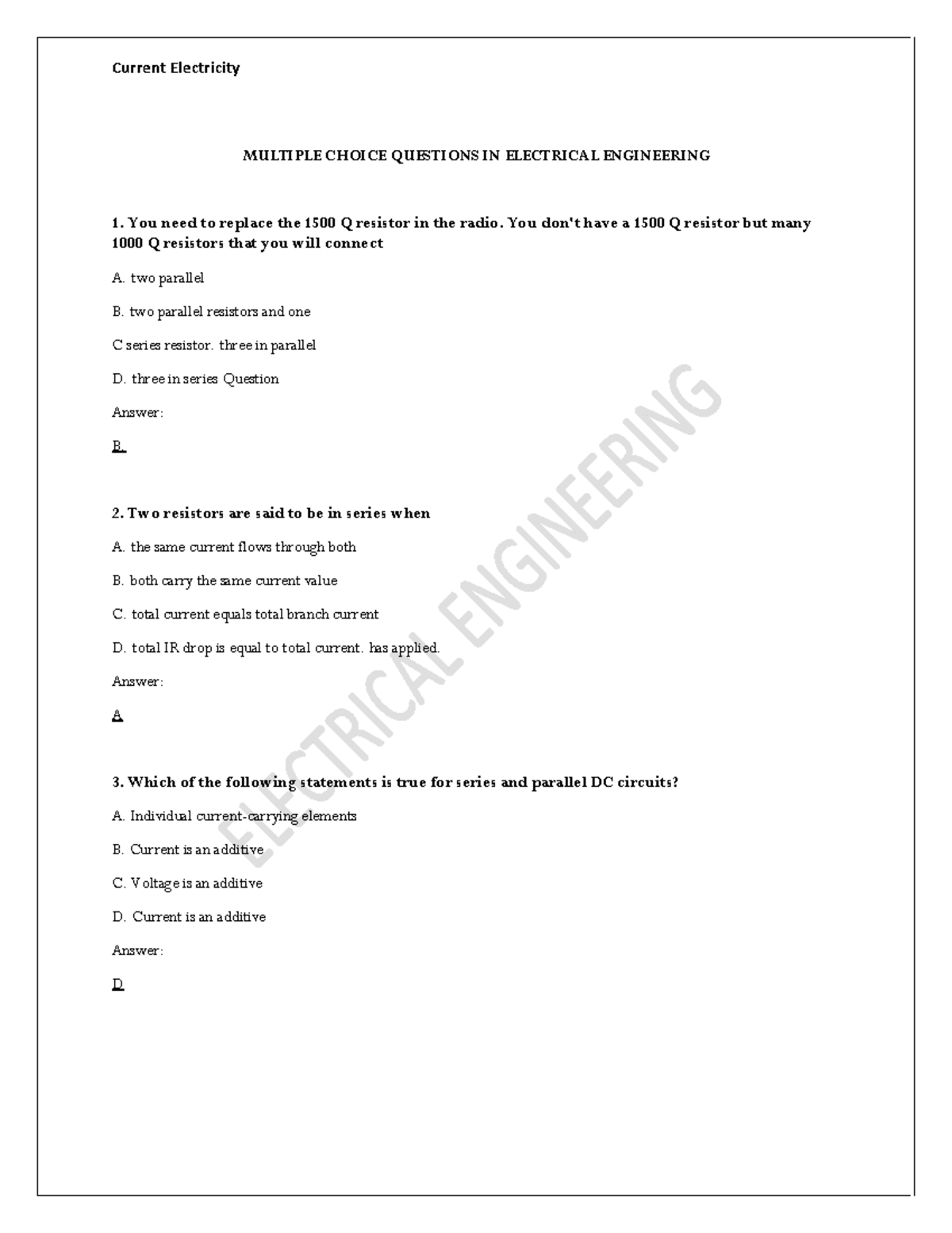 Electrical Engineering Practice Quizzes 3 - Current Electricity ...