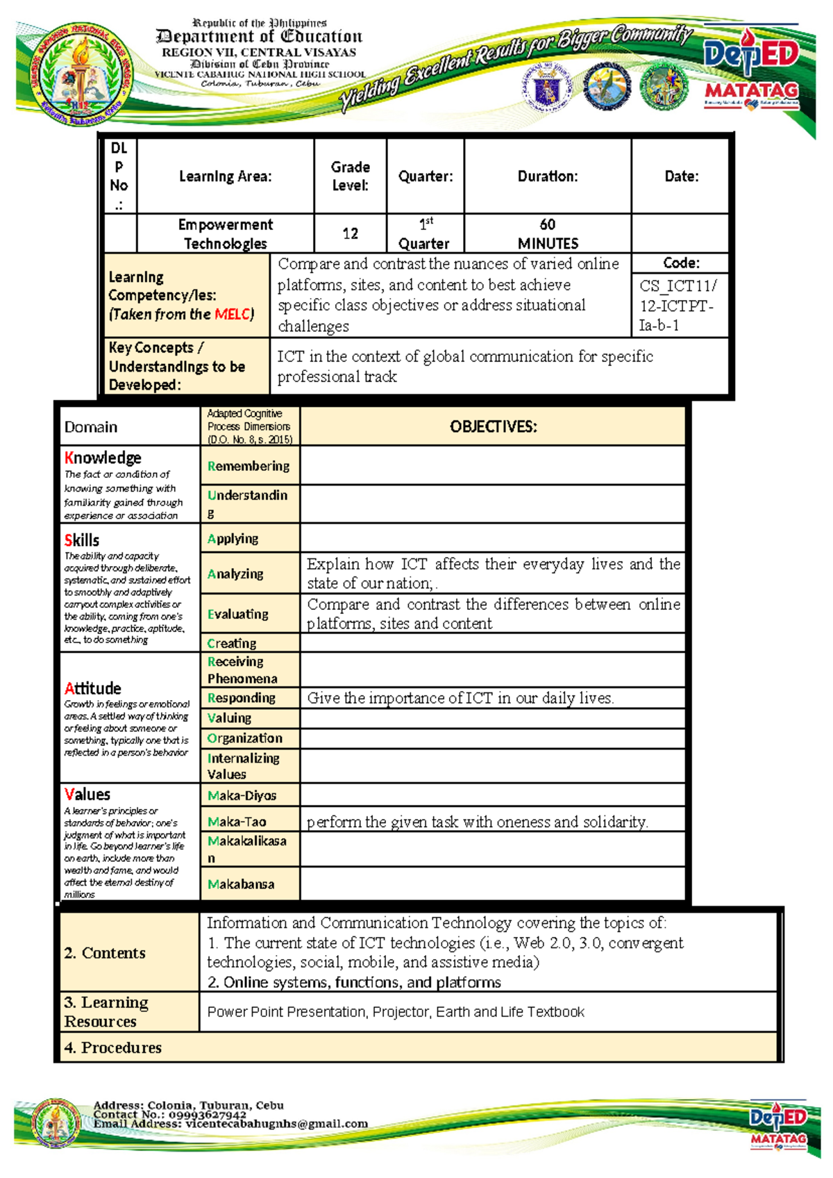 DLP-ET 1 - dlp - DL P No .: Learning Area: Grade Level: Quarter ...