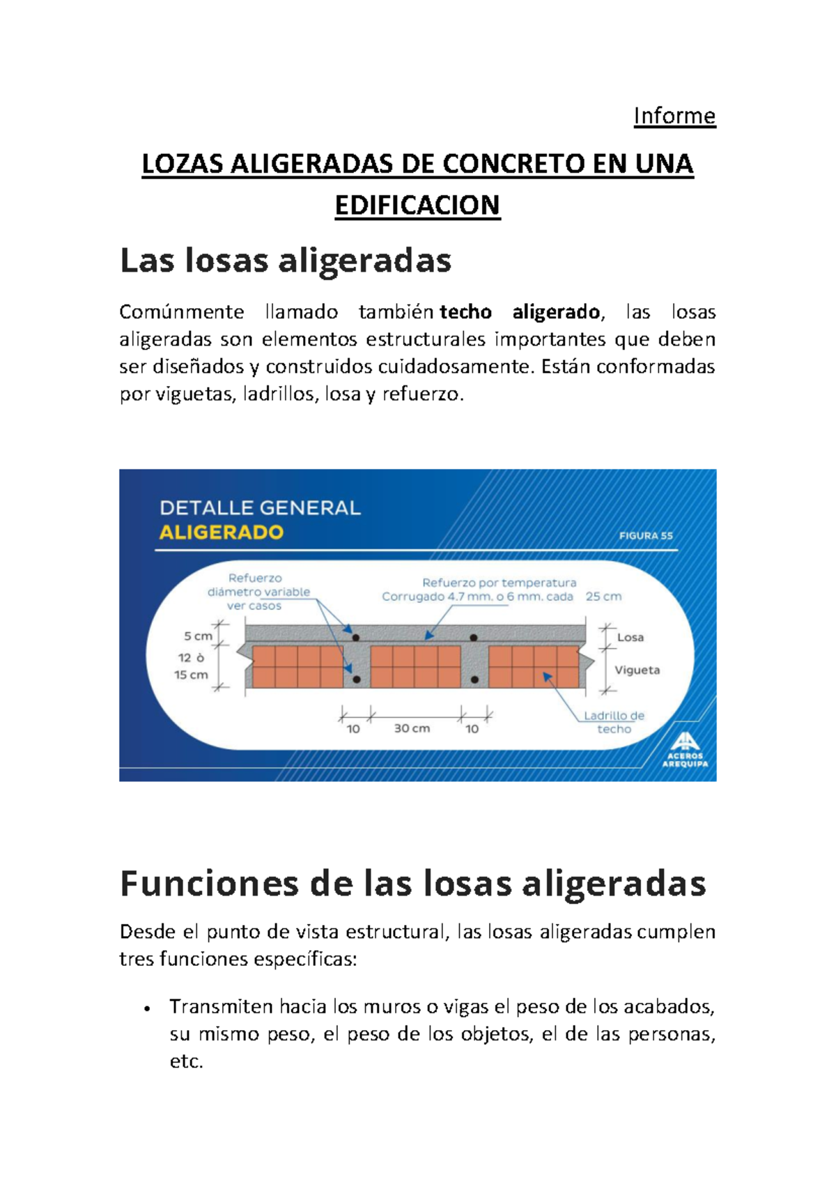 Informe Losas - Informe LOZAS ALIGERADAS DE CONCRETO EN UNA EDIFICACION Las losas aligeradas ...