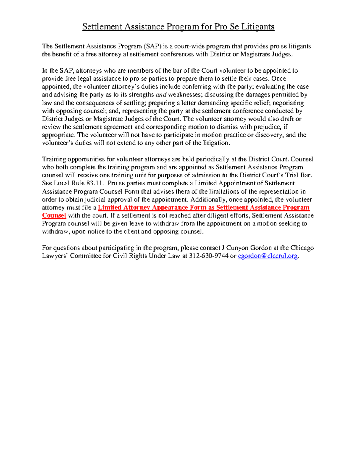 The Settlement Assistance Program for Pro Se Litigants - Settlement ...