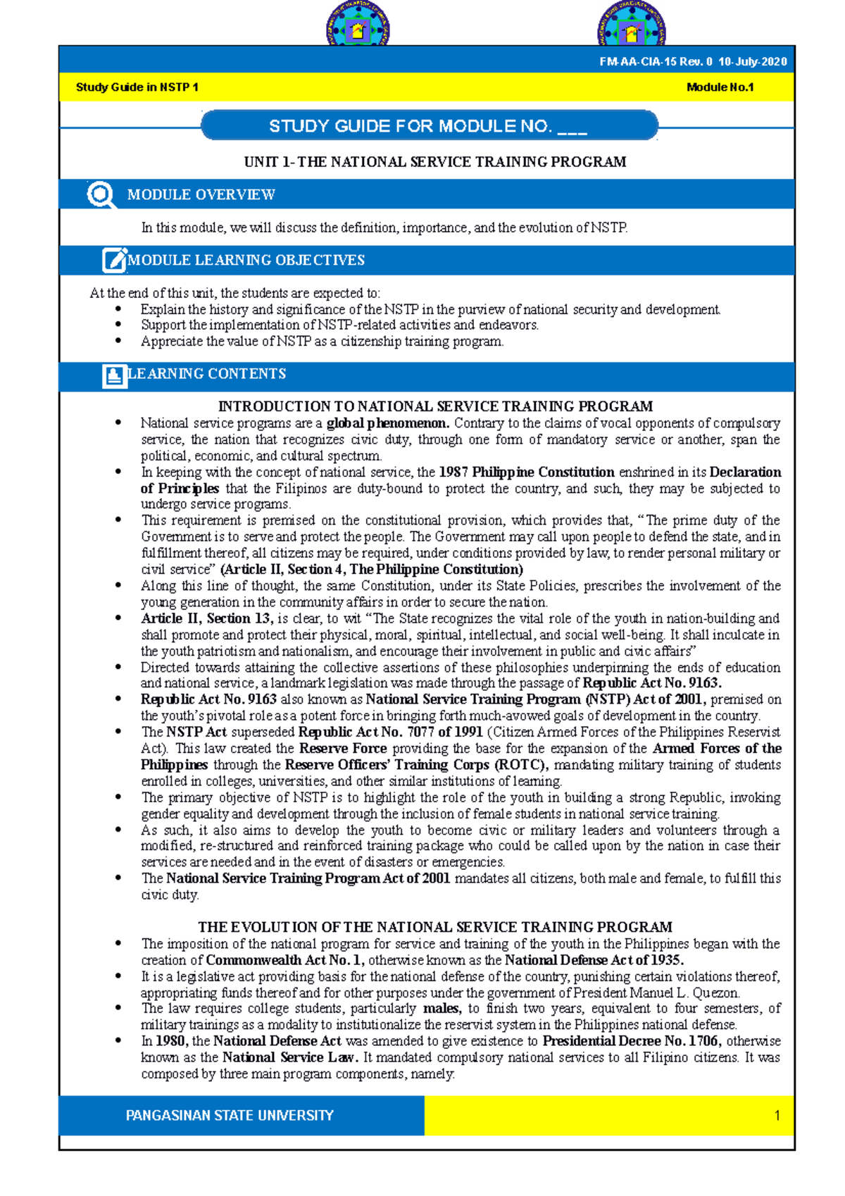 Study Guide 1 Evolution of NSTP - UNIT 1- THE NATIONAL SERVICE TRAINING ...