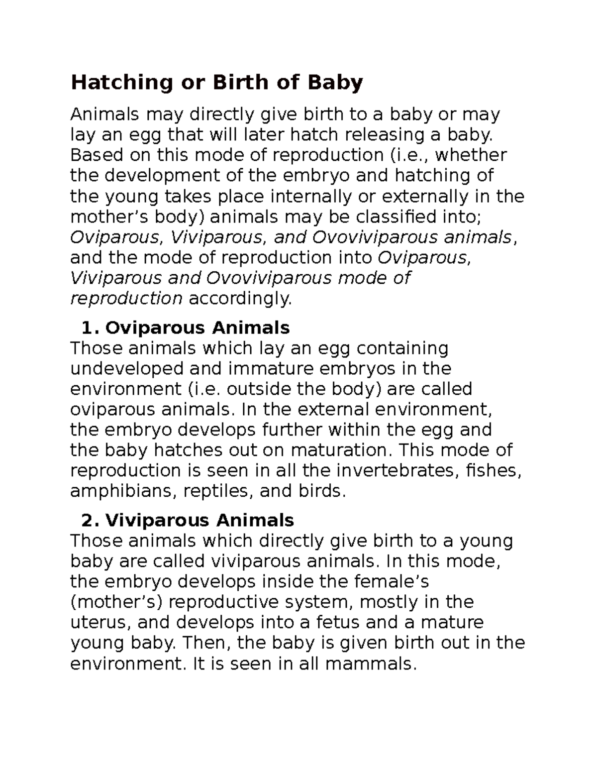 Bio 7 - notes - Hatching or Birth of Baby Animals may directly give ...