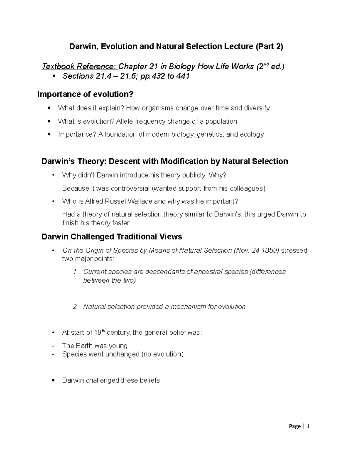 CH 21 Pt 2 Darwin, Evolution and Natural Selection WF Notes W2017 ...