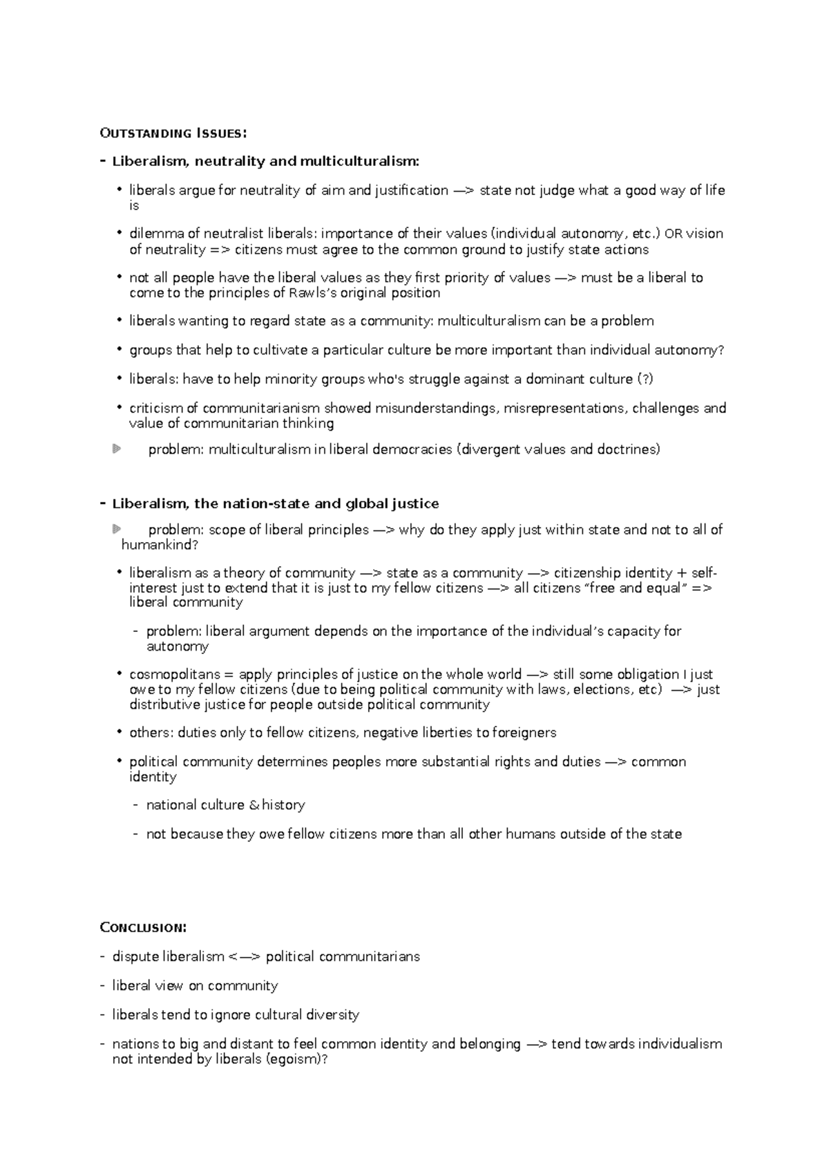 Outstanding Issues - OUTSTANDING ISSUES: - Liberalism, neutrality and ...