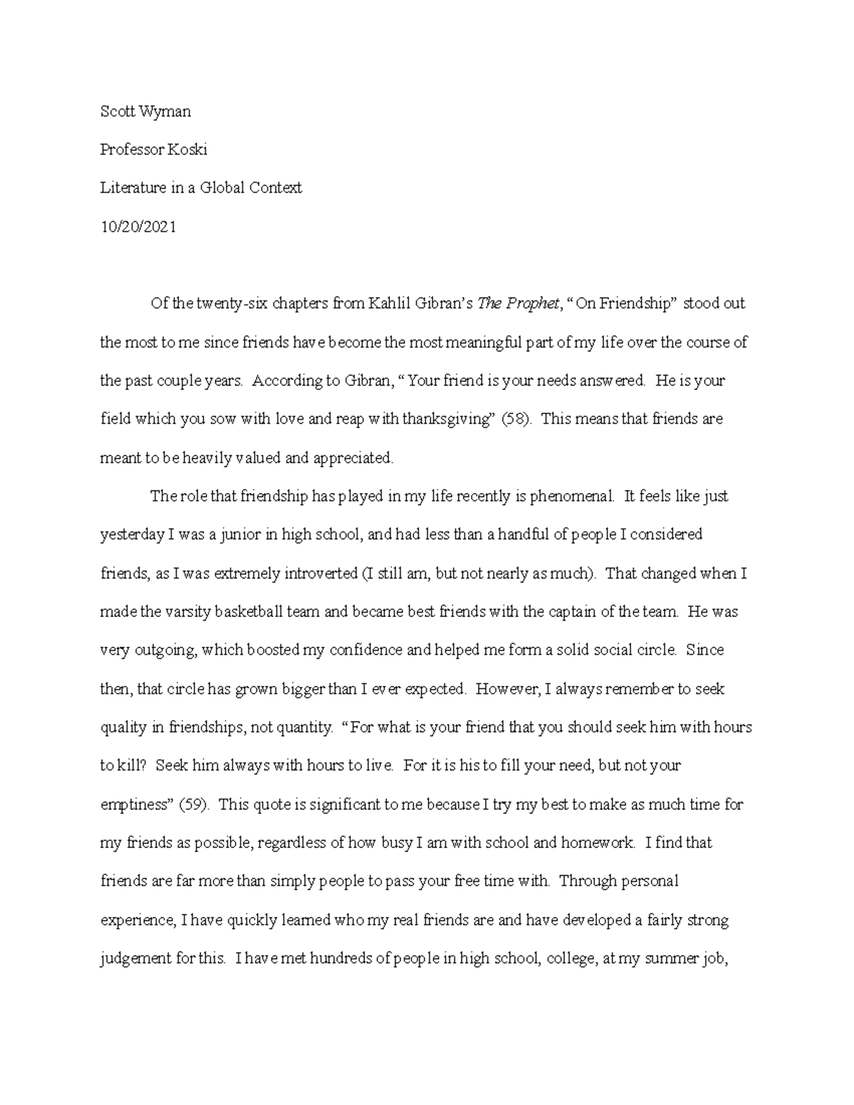 The Prophet Response Paper - Scott Wyman Professor Koski Literature in ...