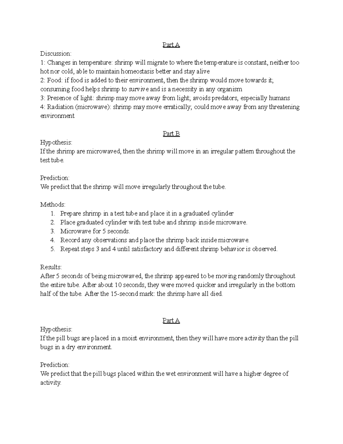 Lab report - Animal Behavior - Part A Discussion: 1: Changes in ...