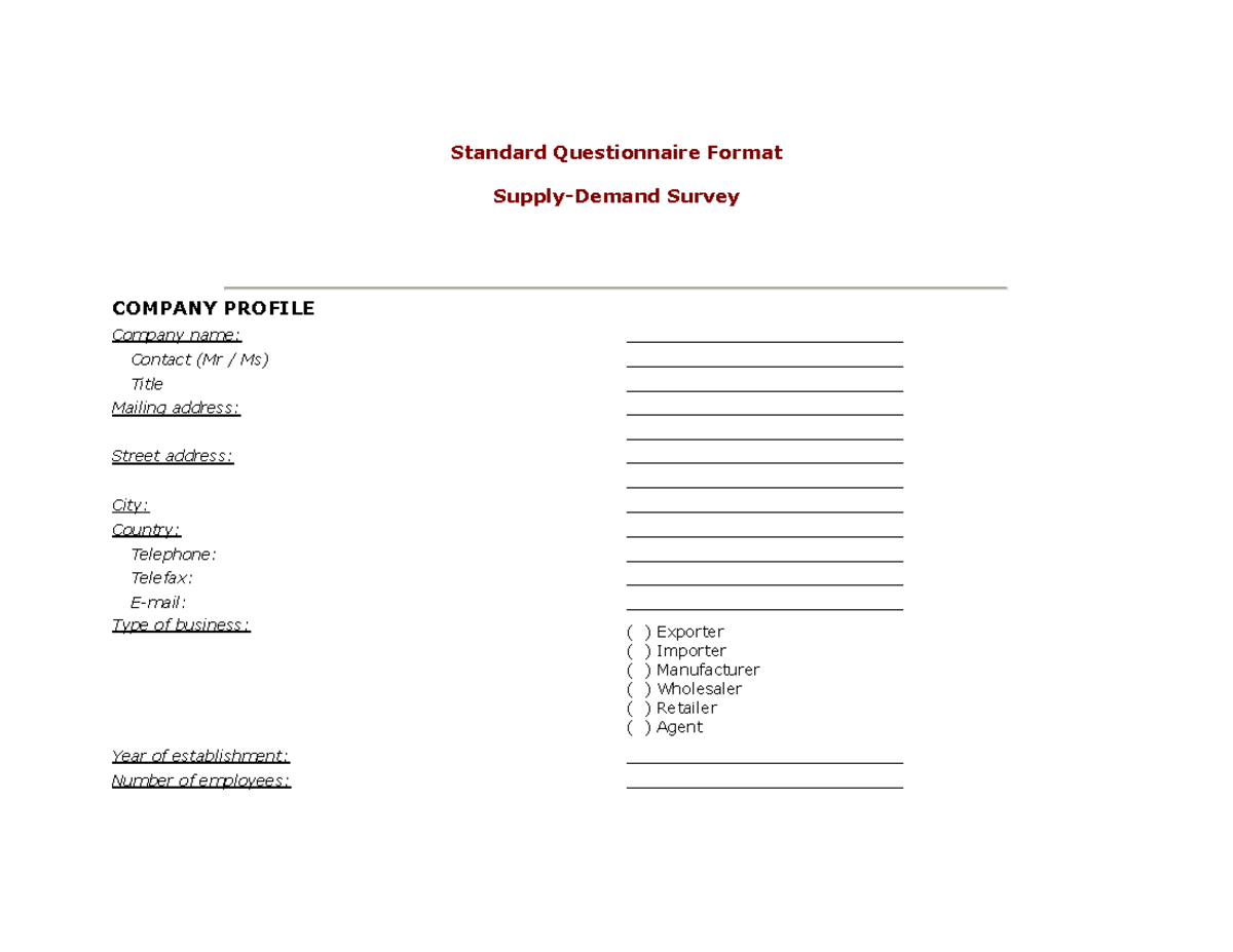 Questionnaire - Sample-2 - Standard Questionnaire Format Supply-Demand ...