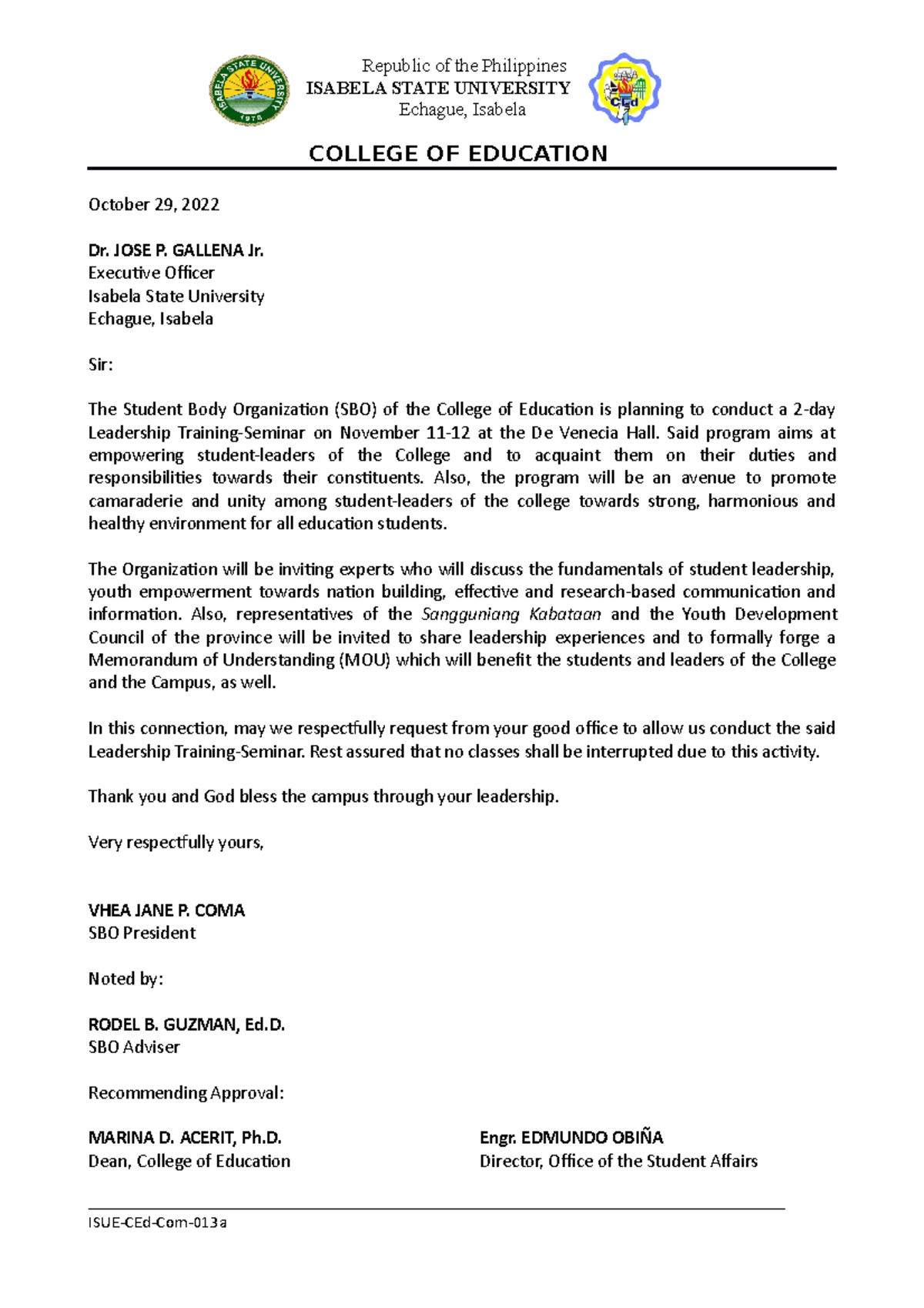 Letters-leadership-training - Republic of the Philippines ISABELA STATE ...
