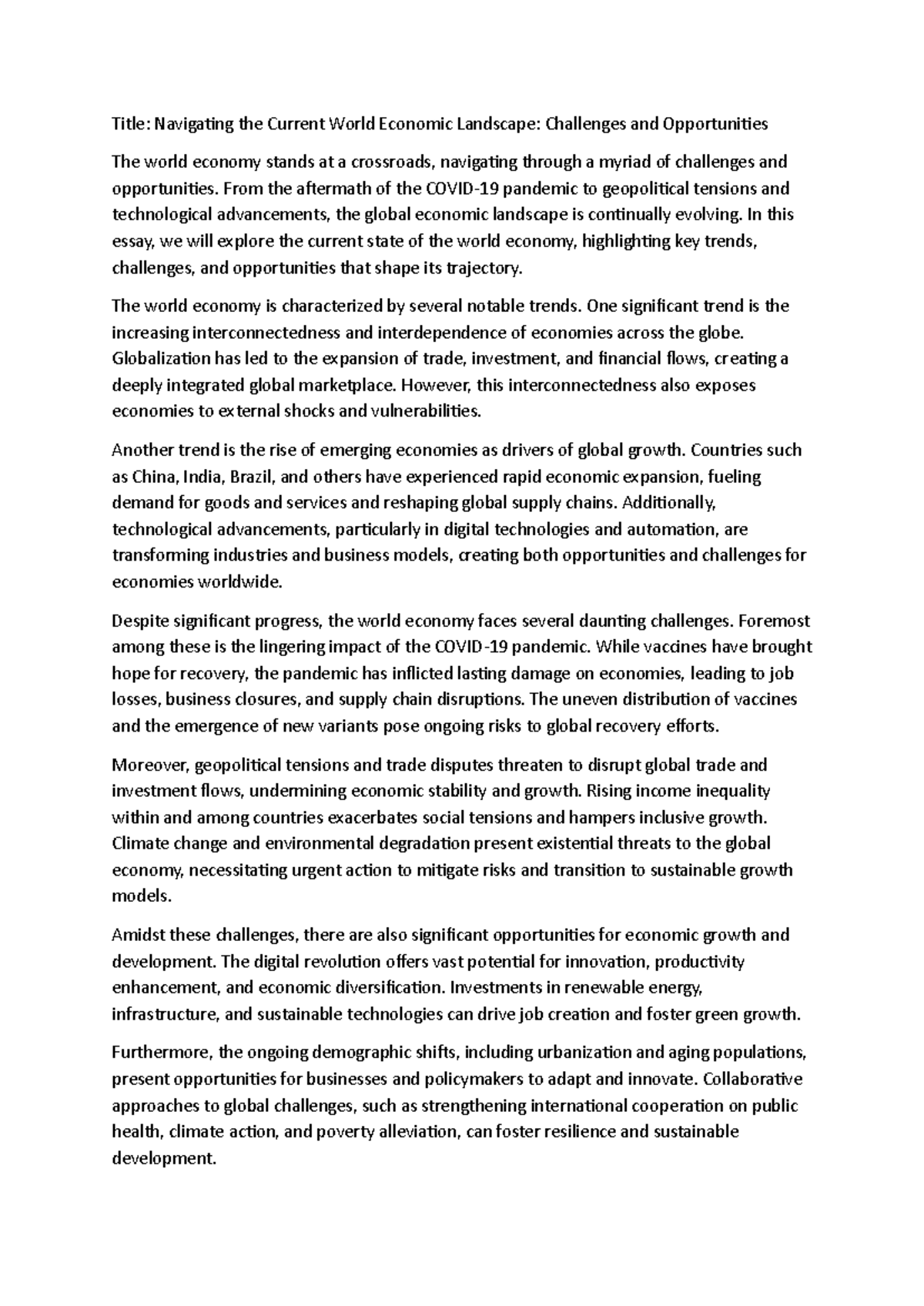 Current World Economic Landscape - From the aftermath of the COVID-19 ...