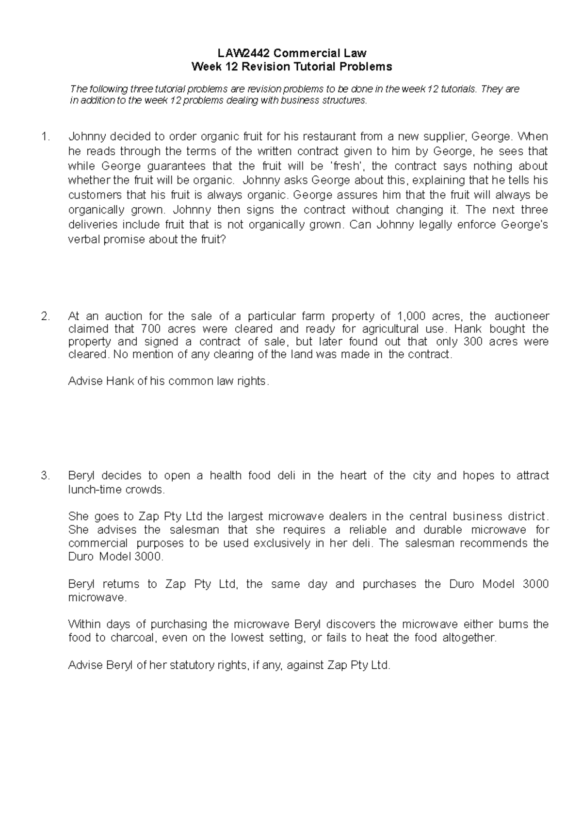 Week 12.revision.problems.sem2020 1 - LAW2442 Commercial Law Week 12 ...