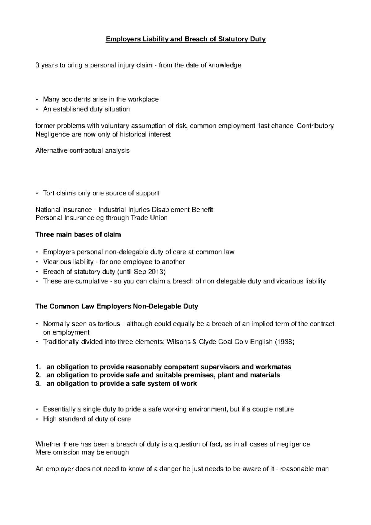 Employers Liability and Breach of Statutory Duty - an obligation to ...