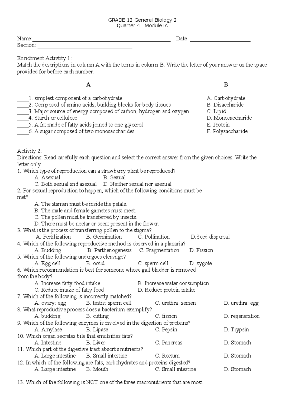 Grade 12 General Biology 2 - GRADE 12 General Biology 2 Quarter 4 ...