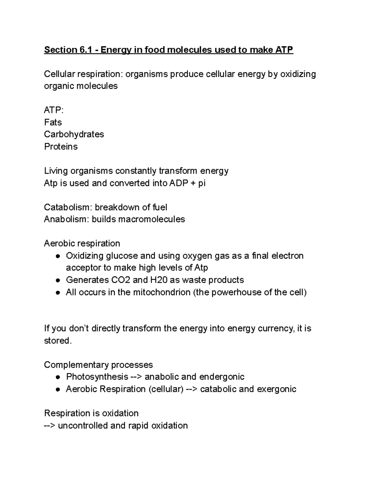 Chapter 6 Cellular Repsiration - Section 6 - Energy in food molecules ...