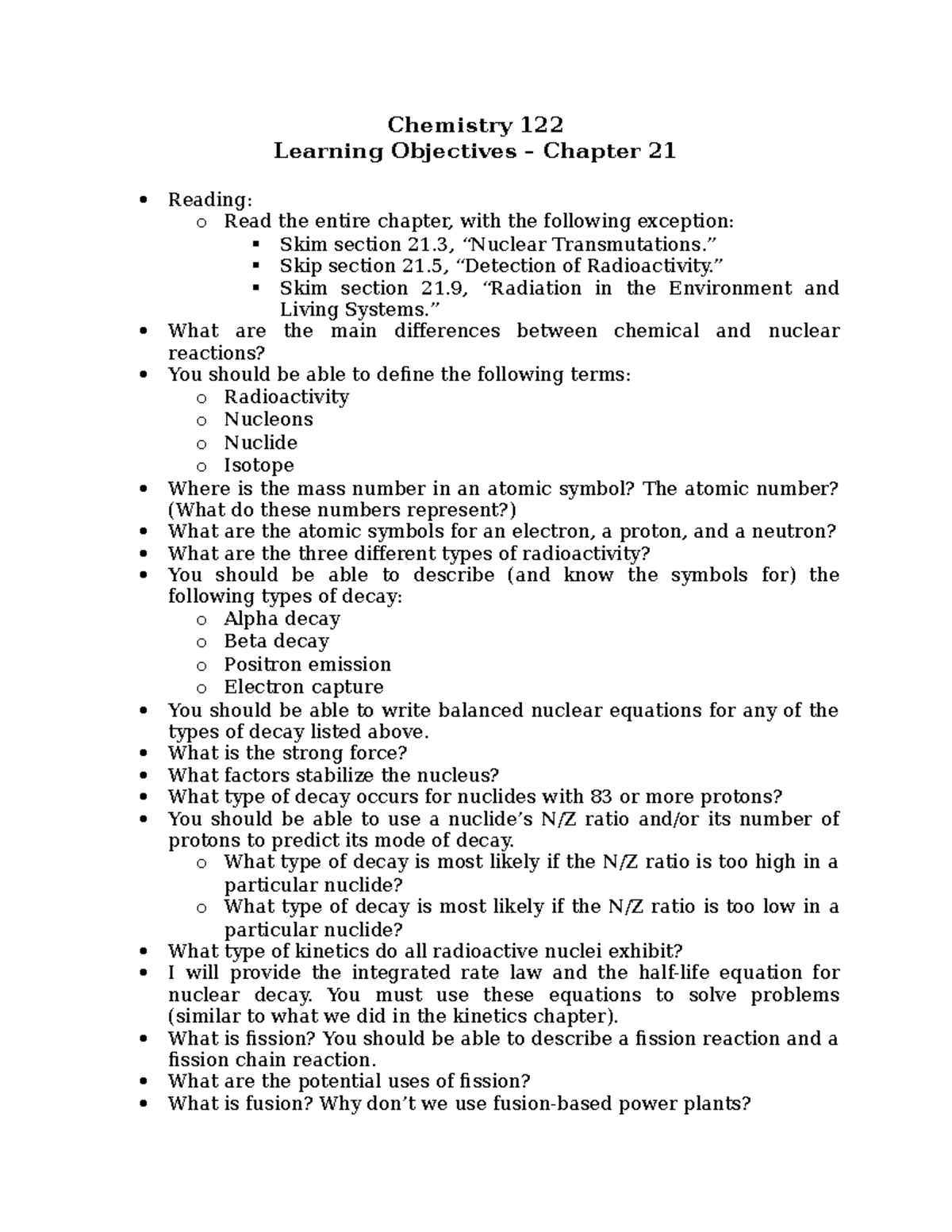 Chem122 learning objectives ch 21 - Chemistry 122 Learning Objectives ...