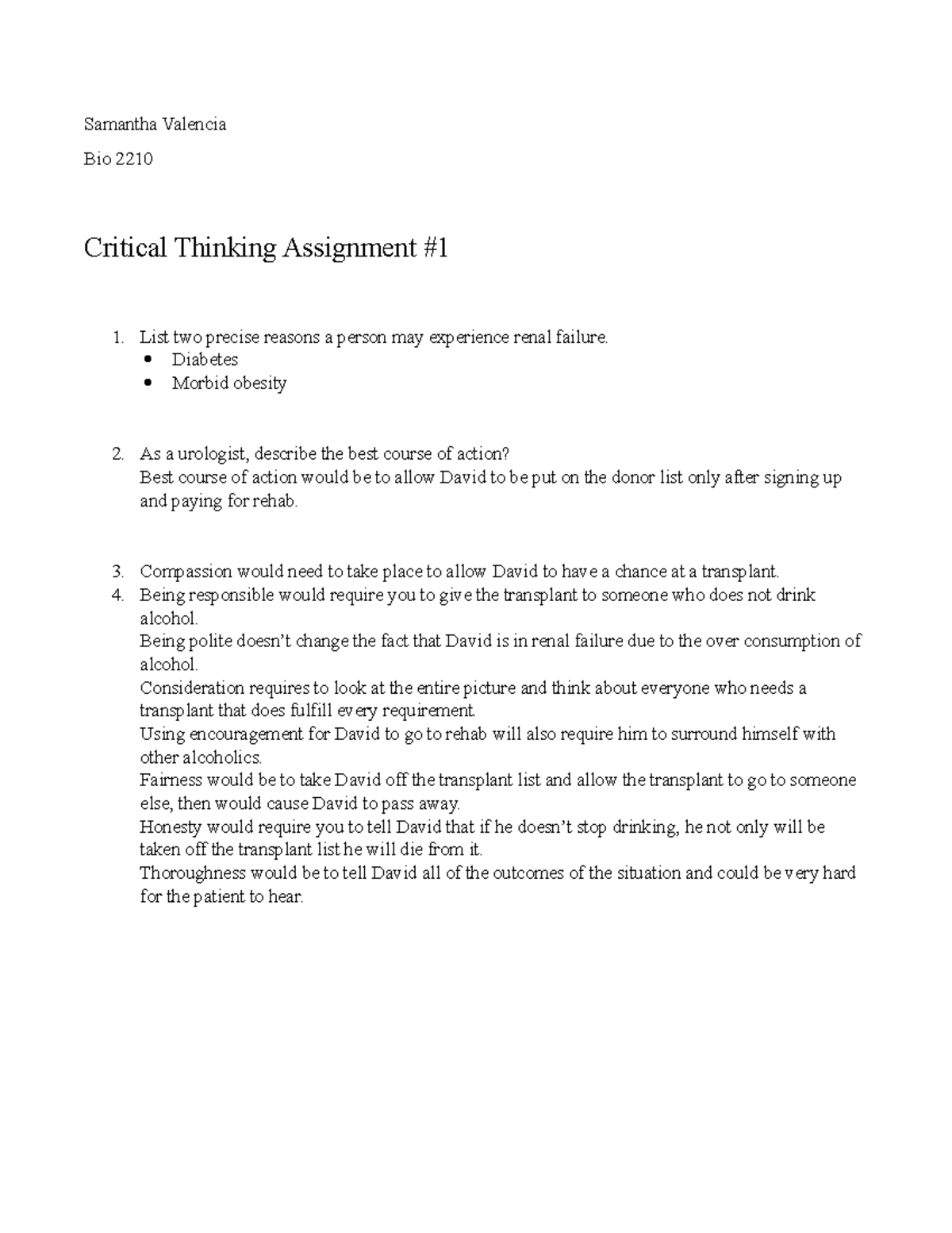 Critical thinking assignment #1 - Samantha Valencia Bio 2210 Critical ...