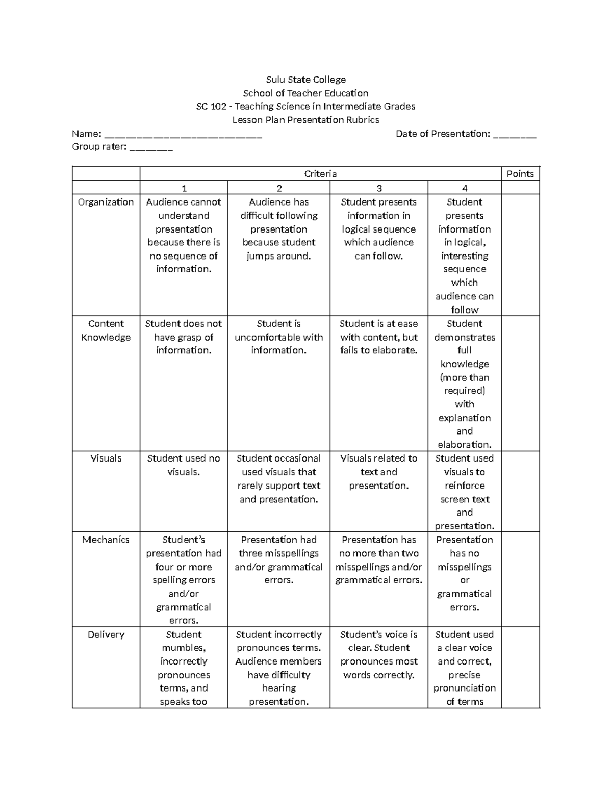 LEsson Plan rubrics - Sulu State College School of Teacher Education SC ...