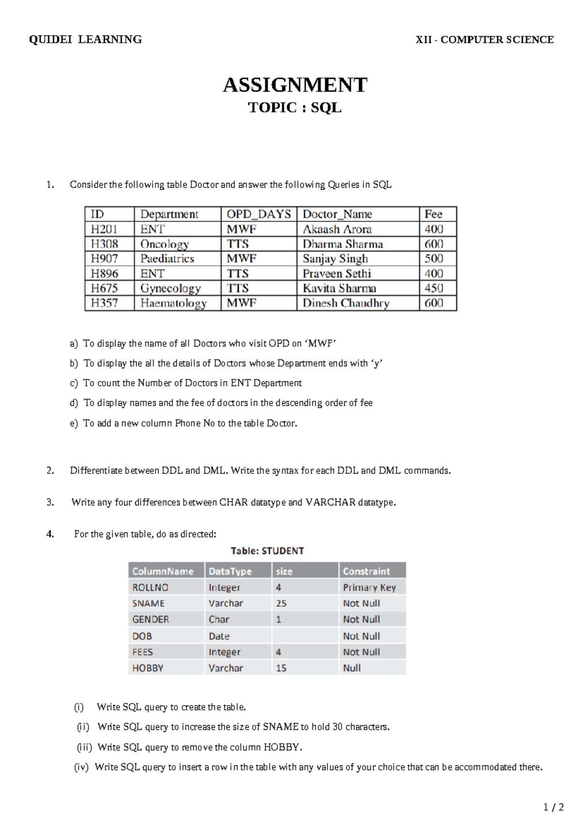 SQL-Assignment - Important Questions - Consider the following table ...