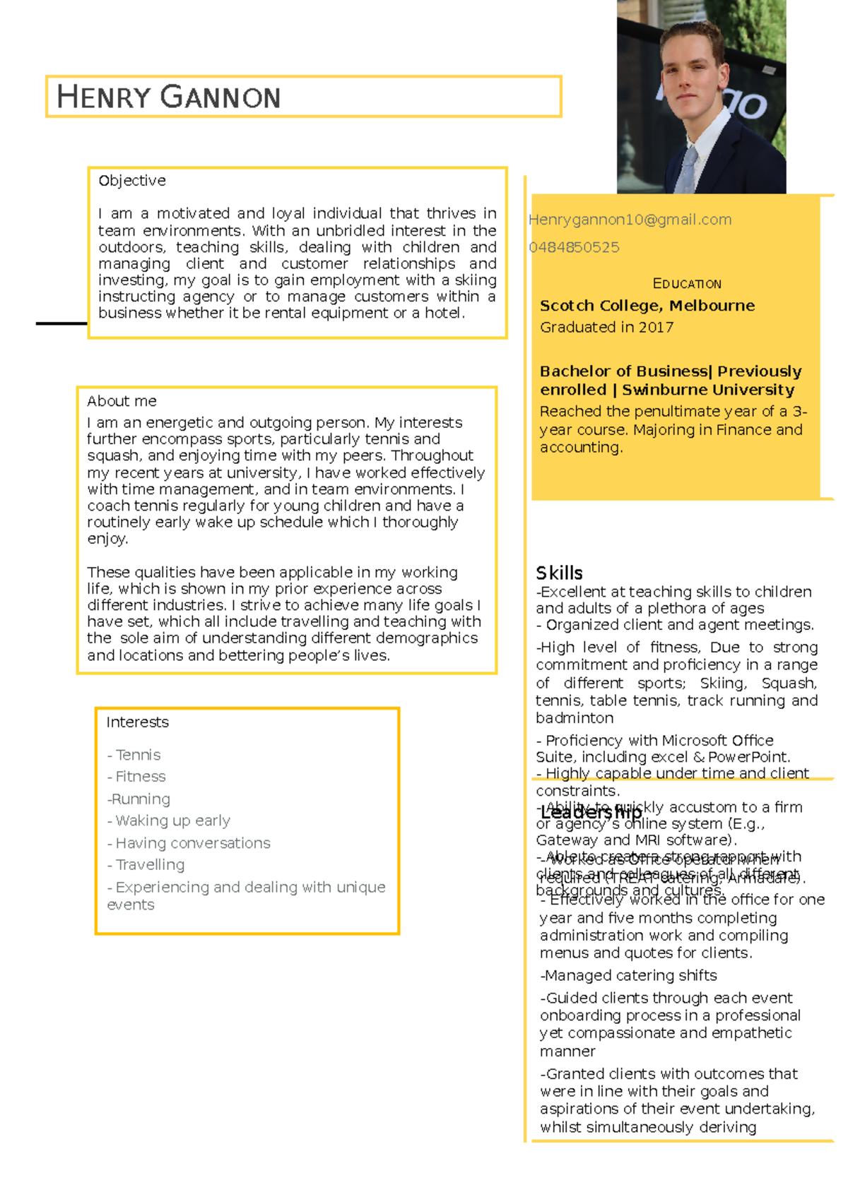 Resume-Vale Resorts - wwsss - HENRY GANNON EDUCATION Scotch College ...