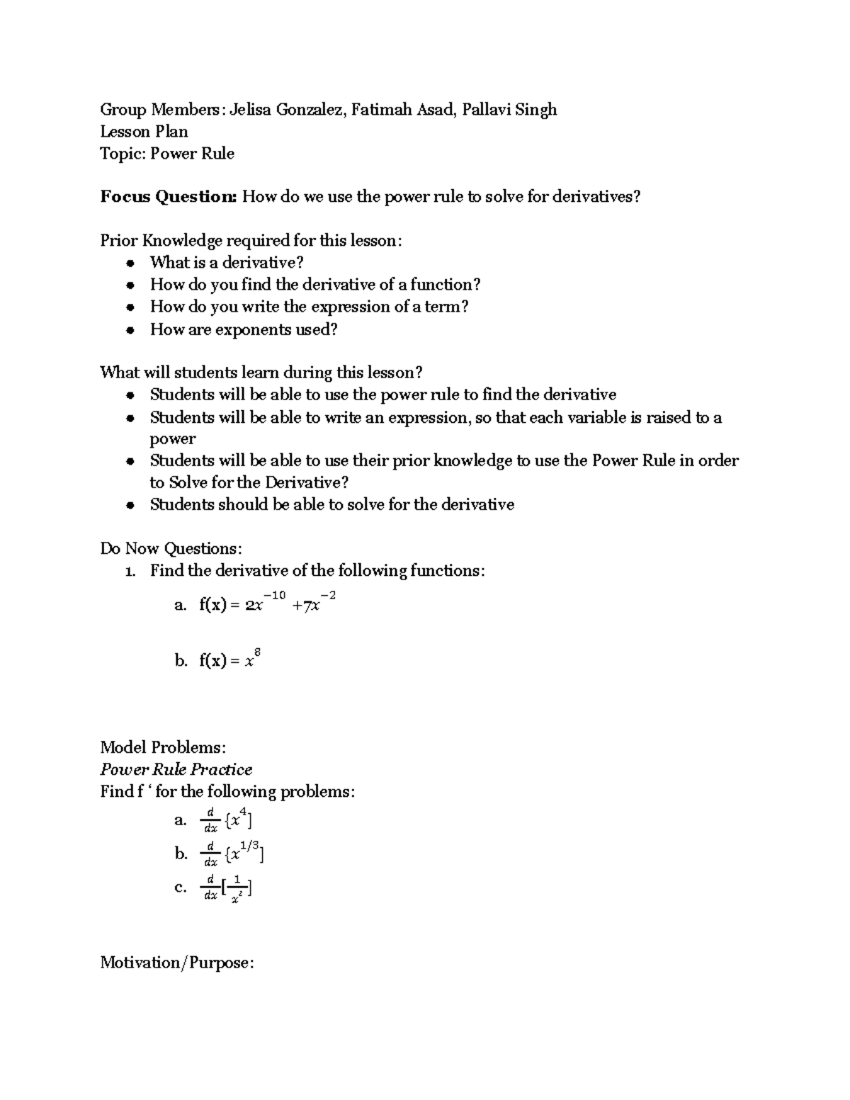 Copy of lesson plan without solutions - calclus, power rule - Group ...