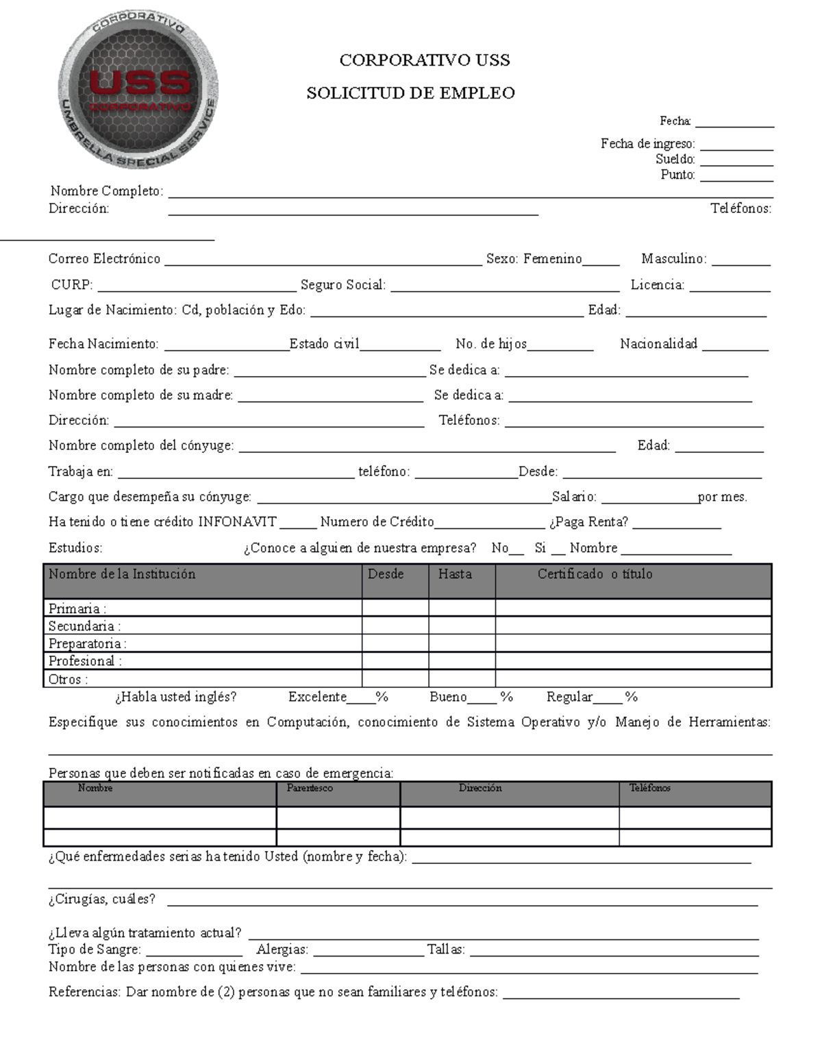 Solicitud Empleo Corporativo - CORPORATIVO USS SOLICITUD DE EMPLEO ...