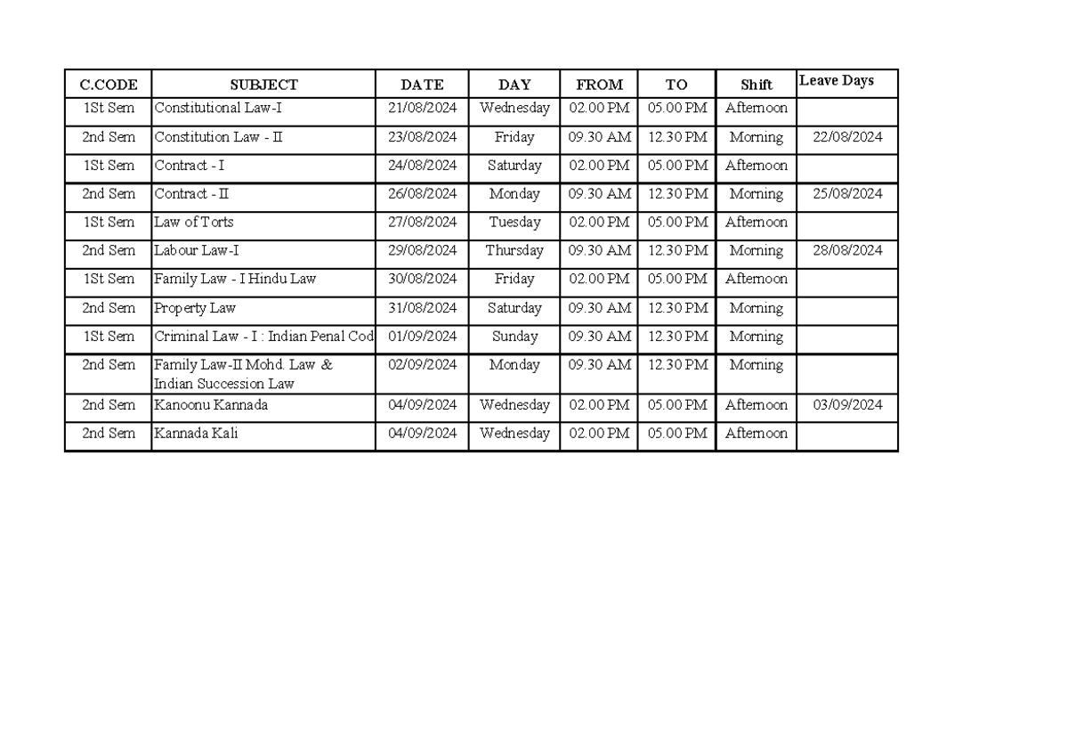 KSLU LLB 1St Year Time Table August 2024 - C SUBJECT DATE DAY FROM TO ...