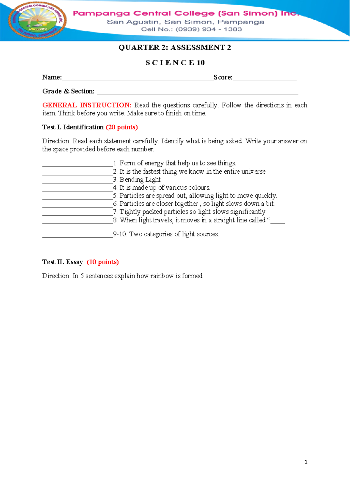 Q2 Assessment 2 Science 10 - QUARTER 2: ASSESSMENT 2 S C I E N C E 10 ...