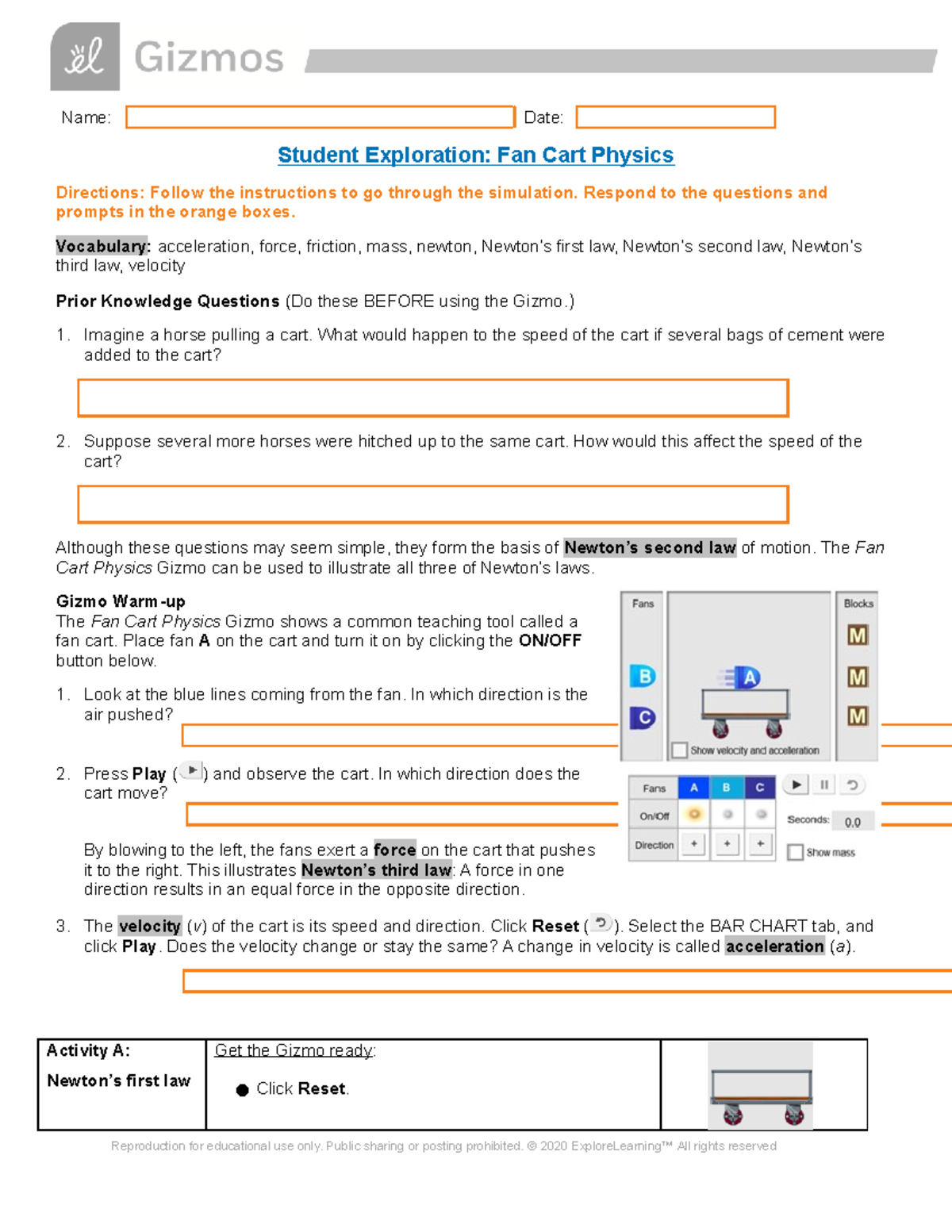 Copy of Fan Cart Physics SE - Name: Date: Student Exploration: Fan Cart ...