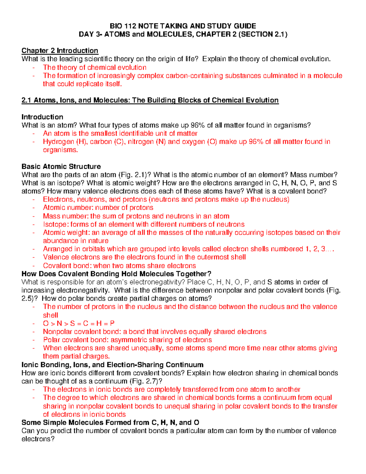 Day 3 Note-taking Guide Chapter 2-1 - BIO 112 NOTE TAKING AND STUDY ...