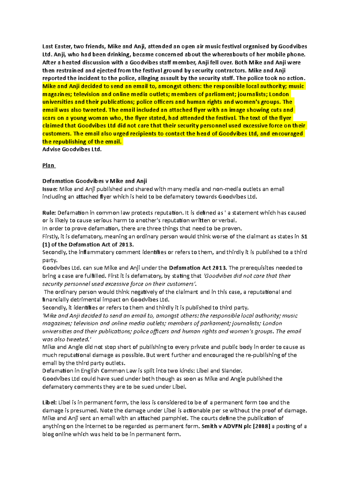 Defamation Case: Goodvibes Ltd. v Mike and Anji - Studocu