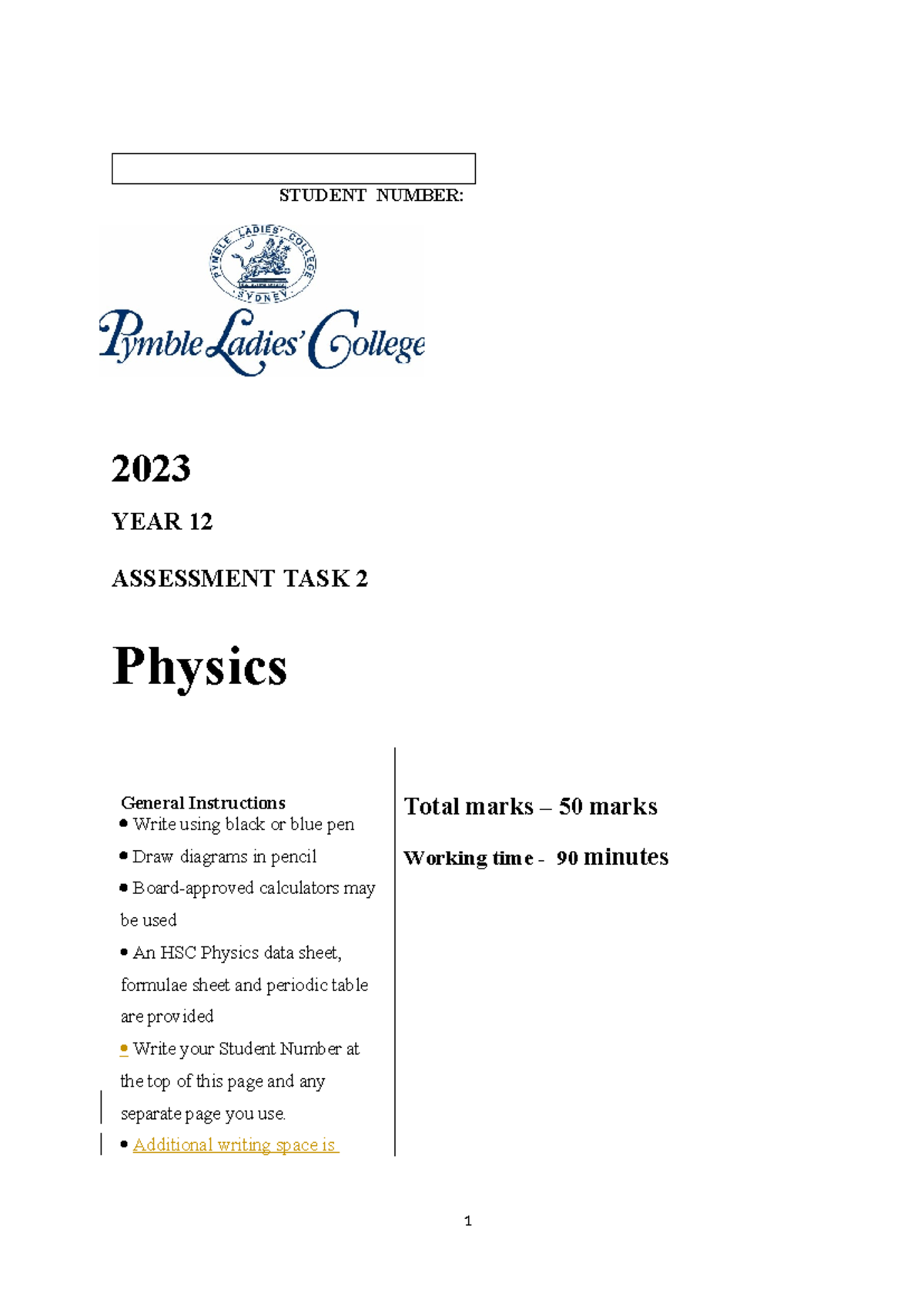 2023 Task 2 Final - plc past paper - STUDENT NUMBER: 2023 YEAR 12 ...