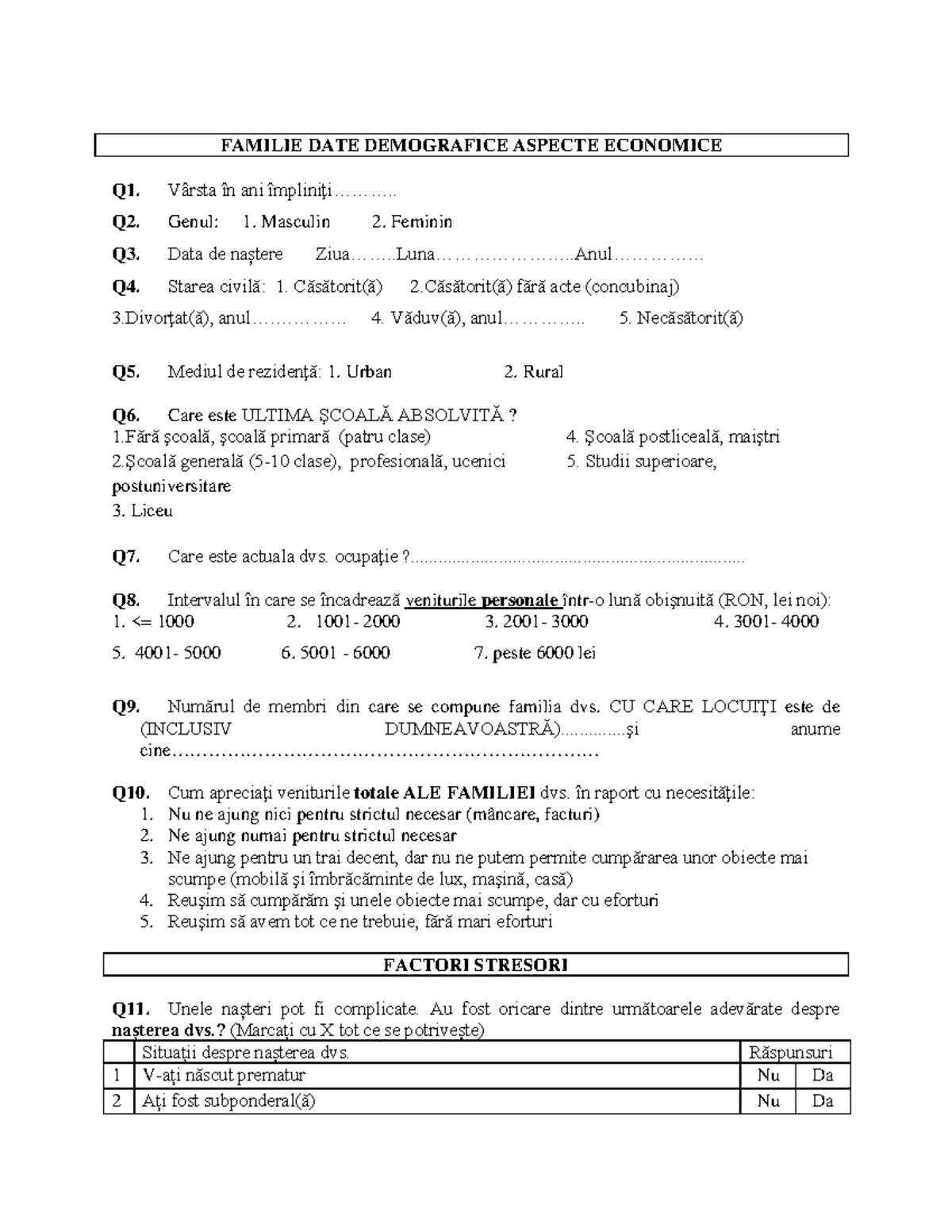 Chestionar Omnibus CA Exemplu - FAMILIE DATE DEMOGRAFICE ASPECTE ...
